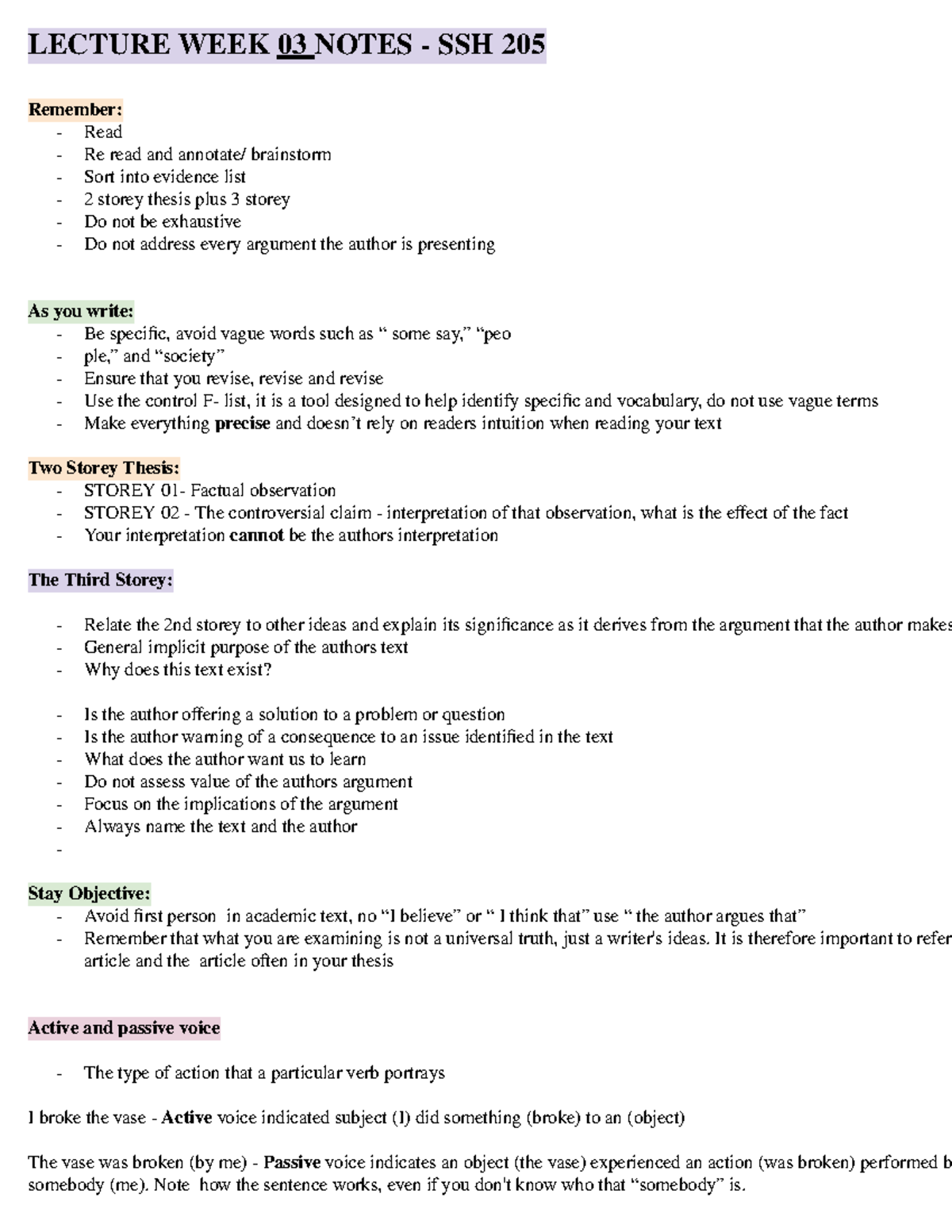 SSH 205 - Lecture Week 03 Notes: Two Storey Thesis & Writing Tips - Studocu