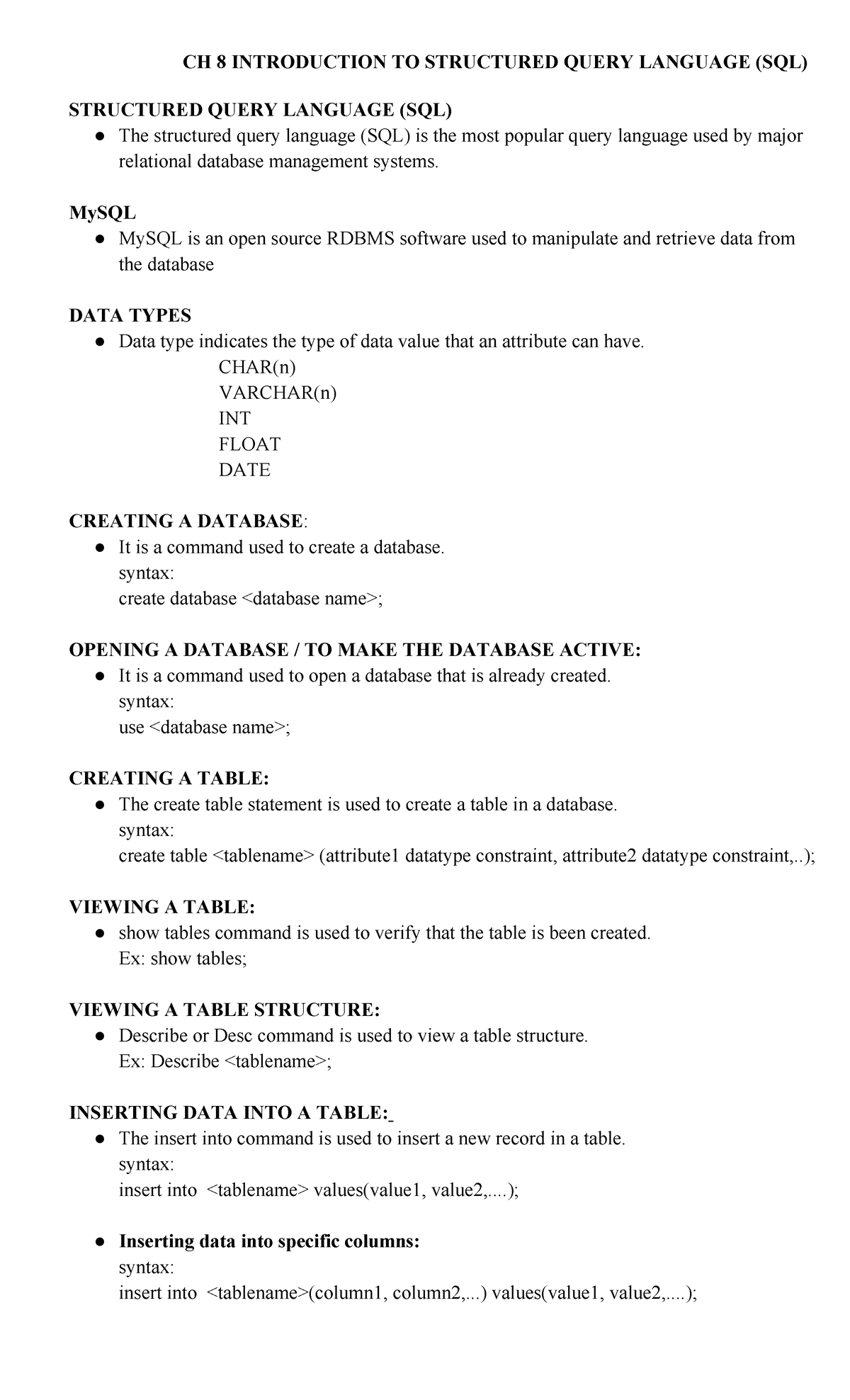 CH 8 SQL: Introduction to Structured Query Language (SQL) Notes - Studocu