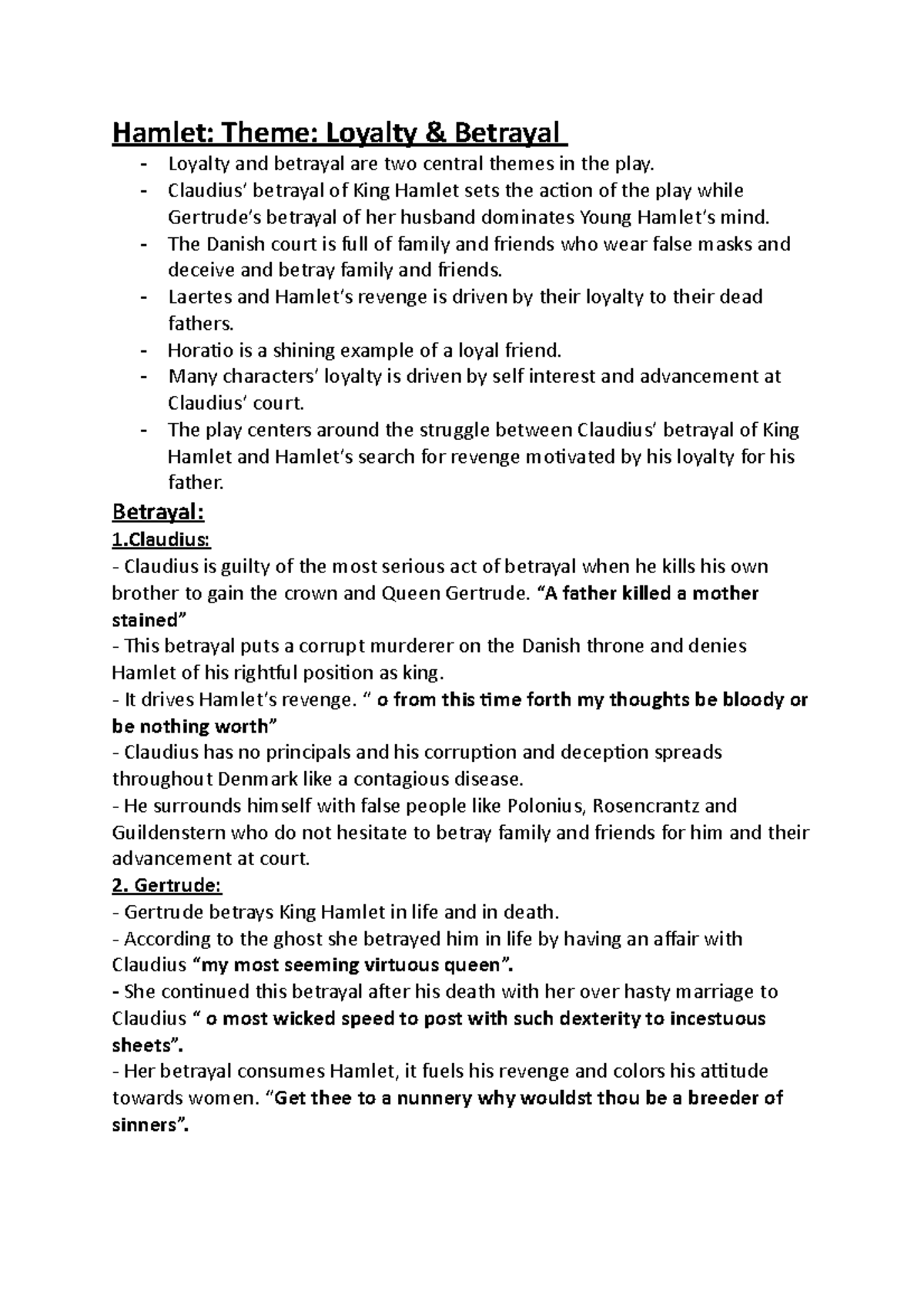 Hamlet Theme of Betrayal and Loyalty - Hamlet: Theme: Loyalty ...