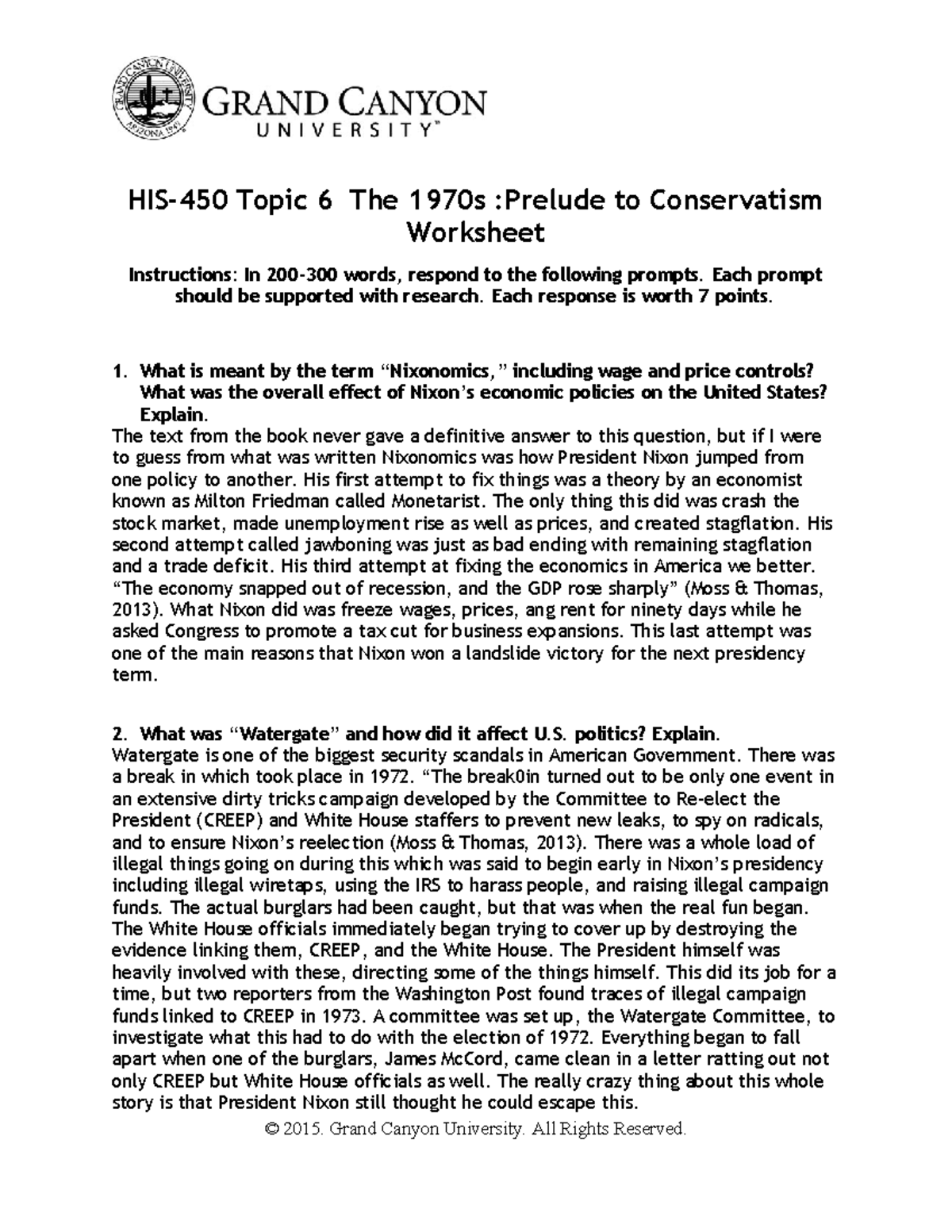 The 1970s Worksheet - There it is - HIS-450 Topic 6 The 1970s :Prelude ...