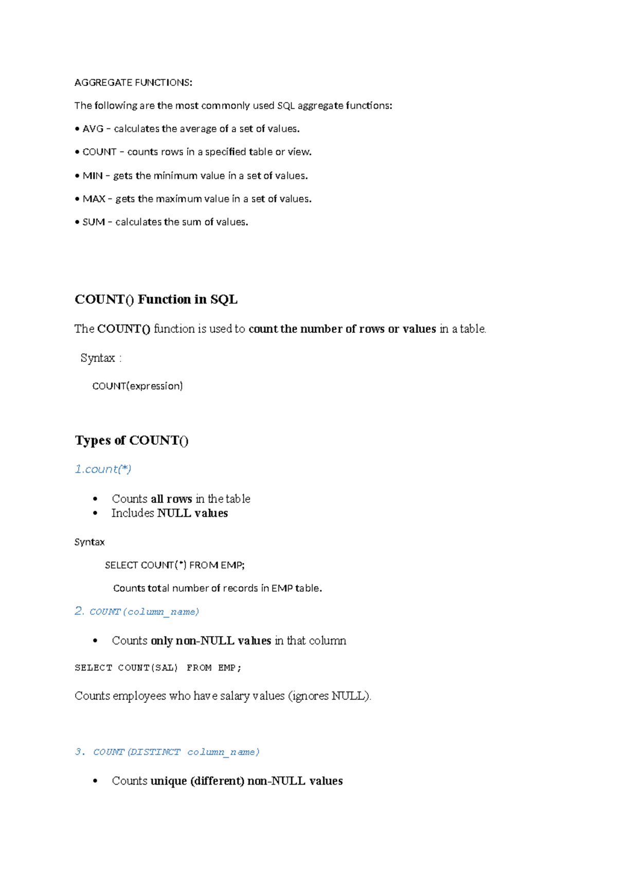 DBMS EX3: SQL Aggregate Functions and Their Usage - Studocu