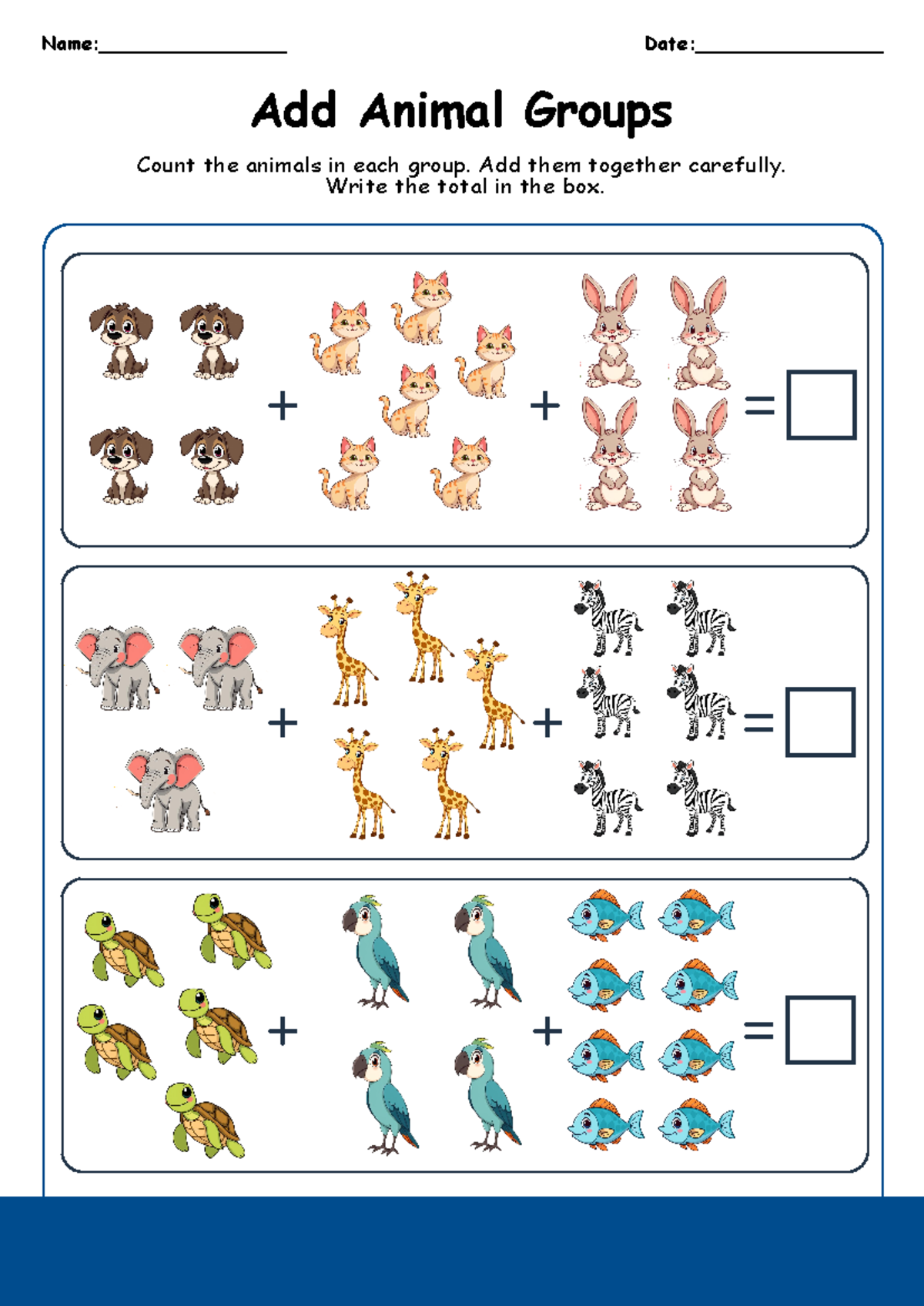 Adding Animal Groups - 1st Grade Worksheet - Count the animals in each ...