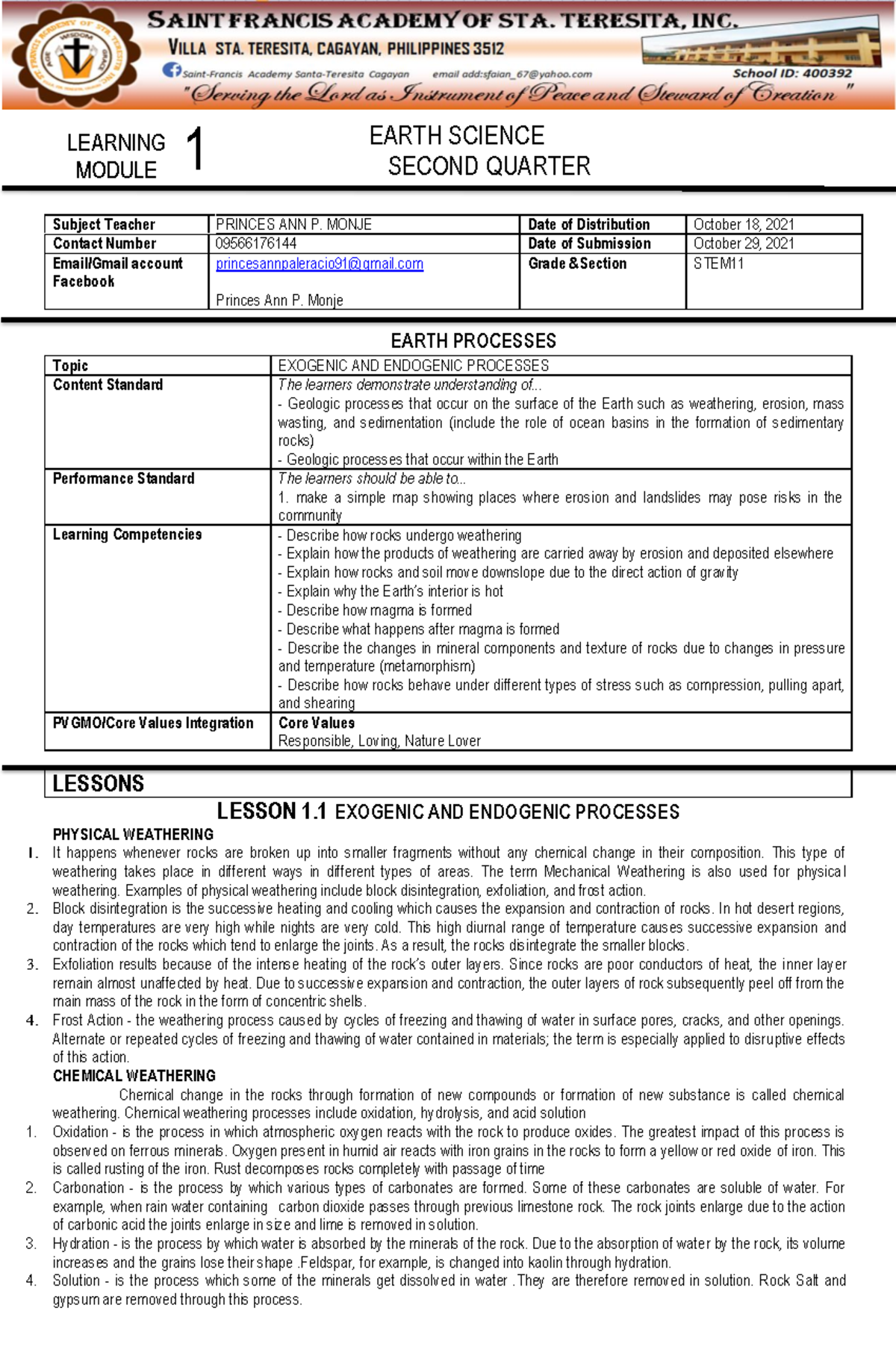 Earth Science Final- Lesson 1 - EARTH SCIENCE SECOND QUARTER Subject ...