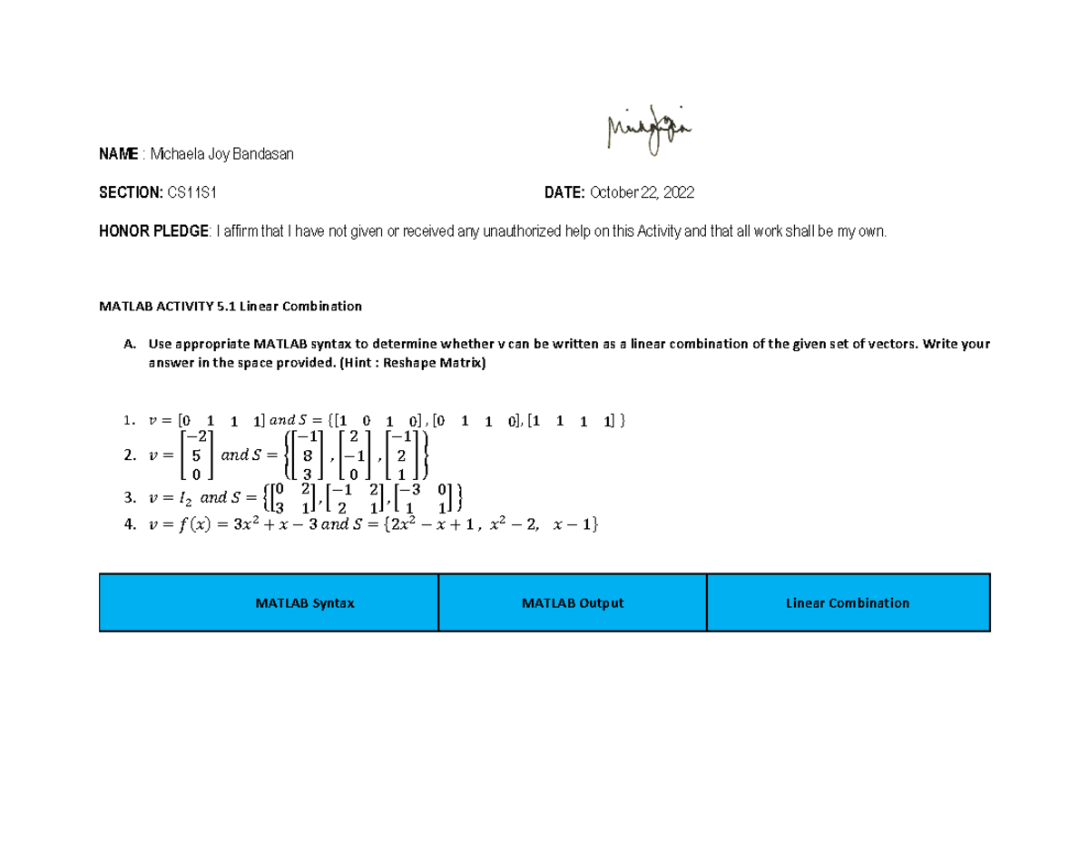 Matlab 5.1- Linear Combination Bandasan, Michaela JOY - NAME : Michaela Joy Bandasan SECTION ...