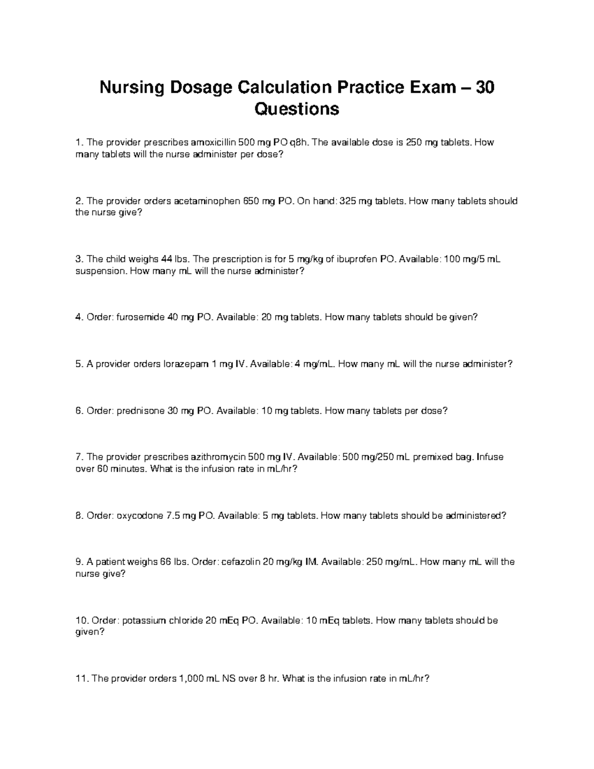 Nursing Dosage Calculation Practice Exam (30 Questions) - Studocu