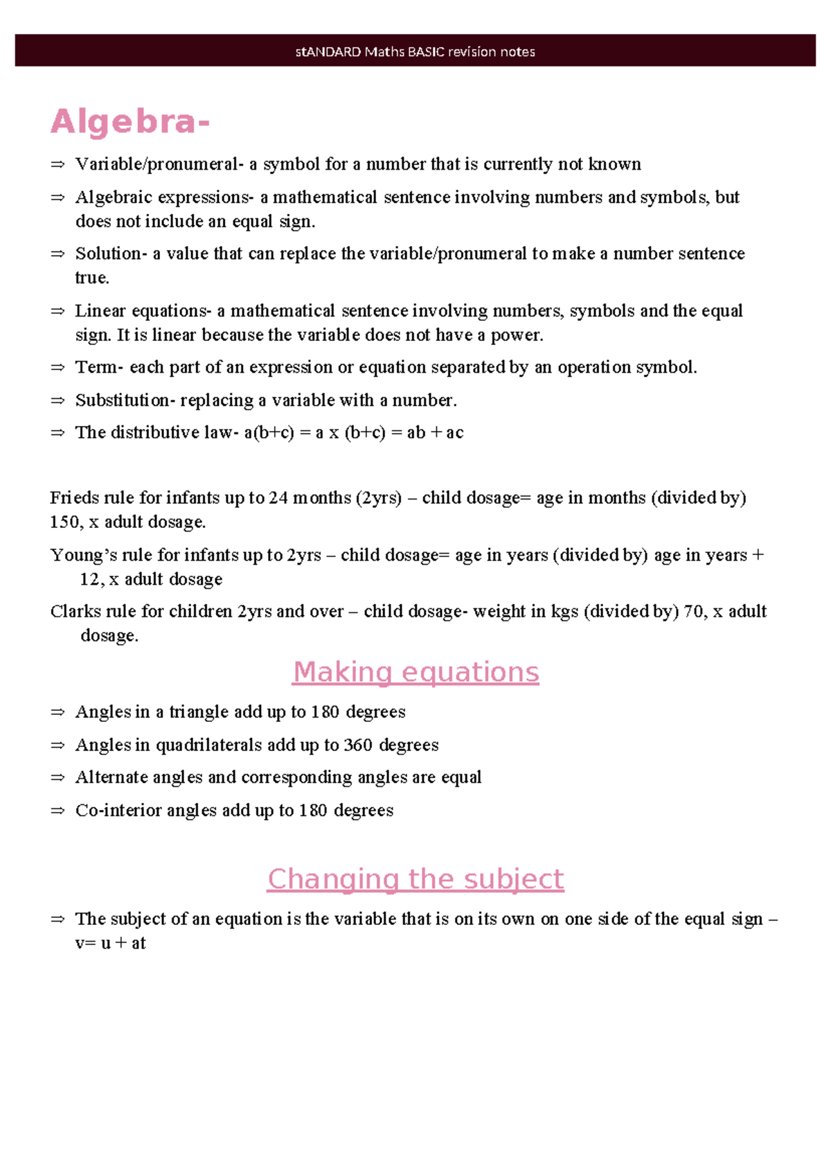 BASIC Maths Revision Notes (Standard) for Exam Preparation - Studocu