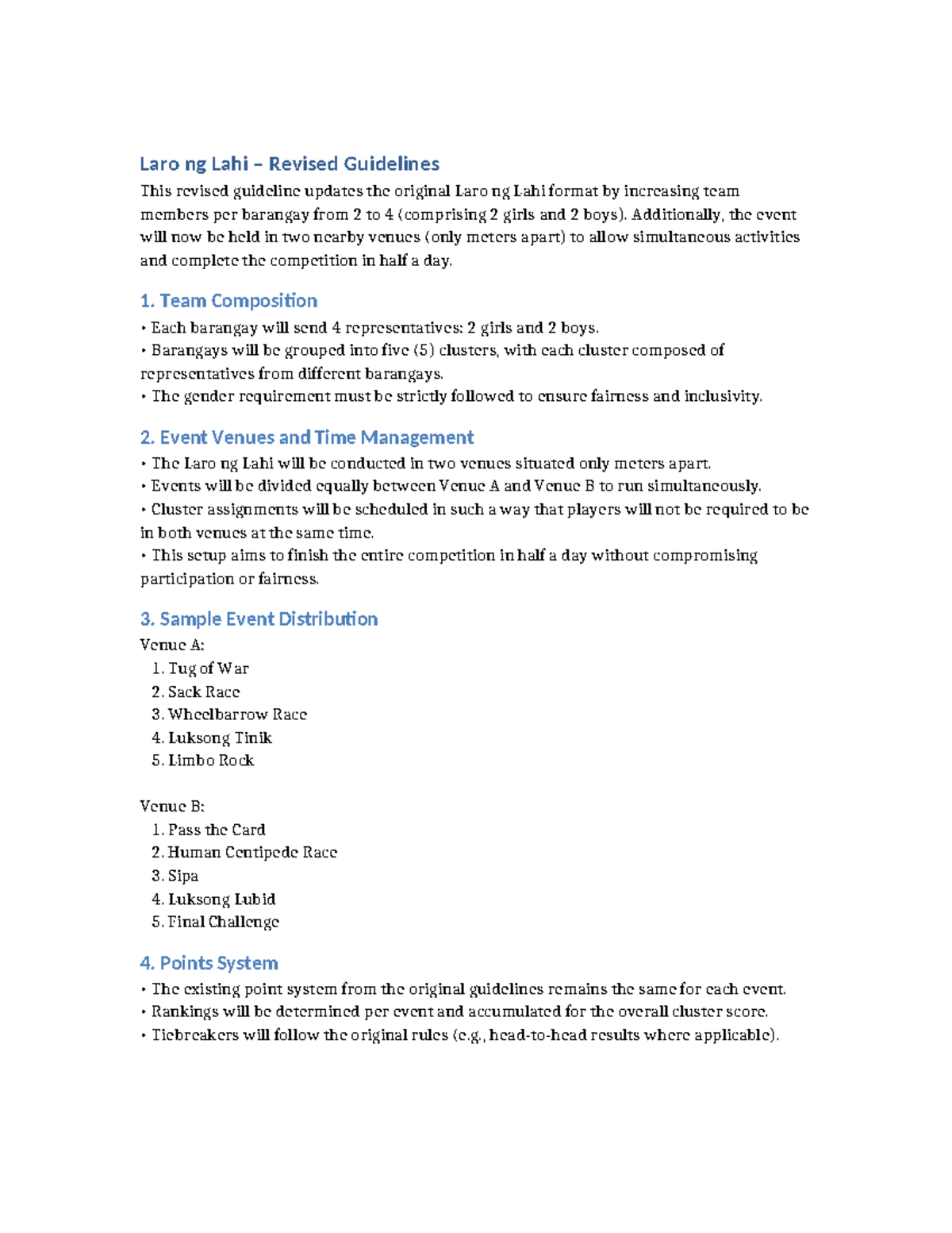 Laro ng Lahi Revised Guidelines for Team Composition & Events - Studocu