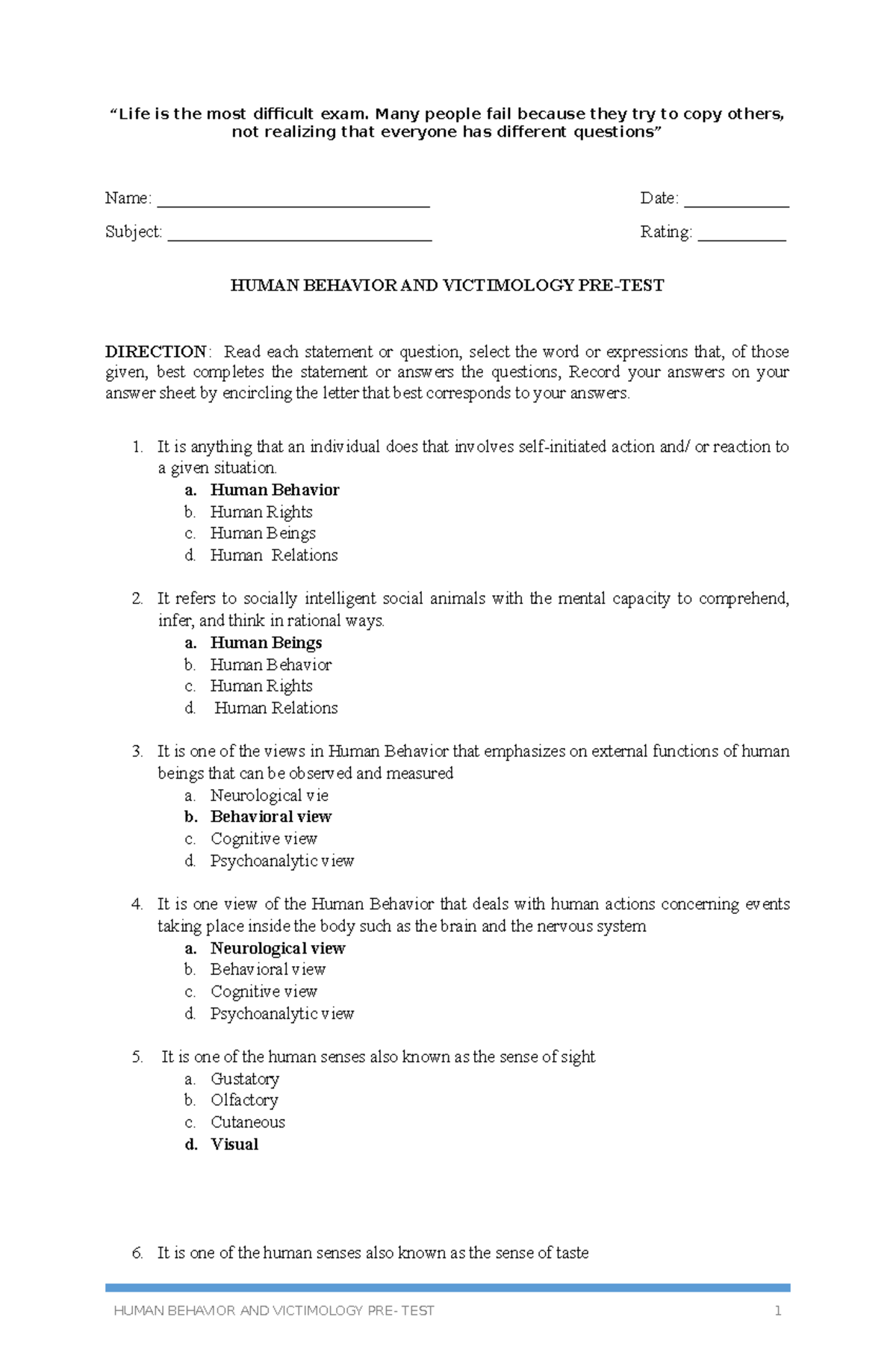 HUMAN BEHAVIOR AND VICTIMOLOGY PRE-TEST: Essential Concepts Review ...