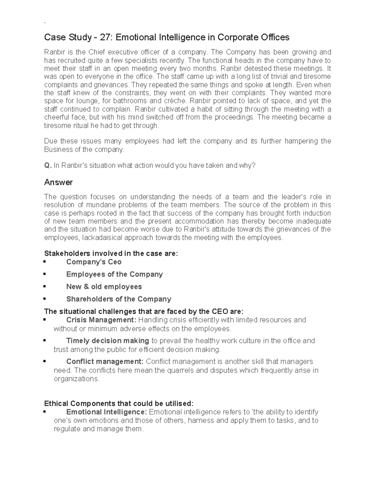 Emotional Intelligence-Case Study - Next Case Study - 27: Emotional Intelligence in Corporate ...