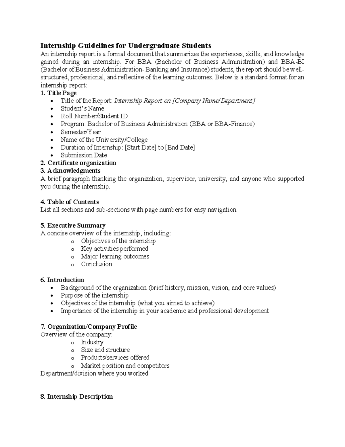 Internship Report Guidelines for BBA & BBBI Students 2025 - Studocu