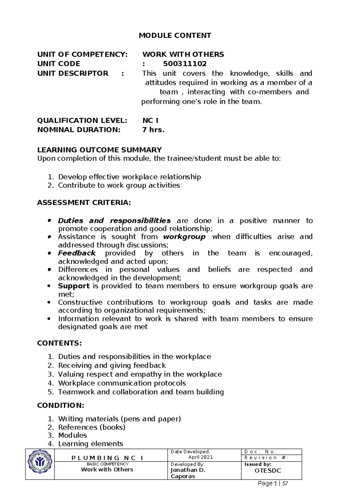 PLUMBING NC I: Working Effectively with Others Module - Studocu
