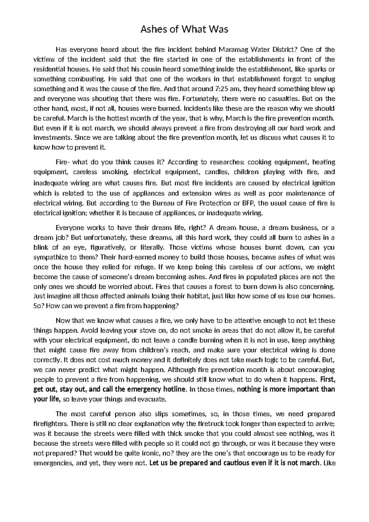 Fire Prevention Insights: Lessons from the Maramag Incident - Studocu