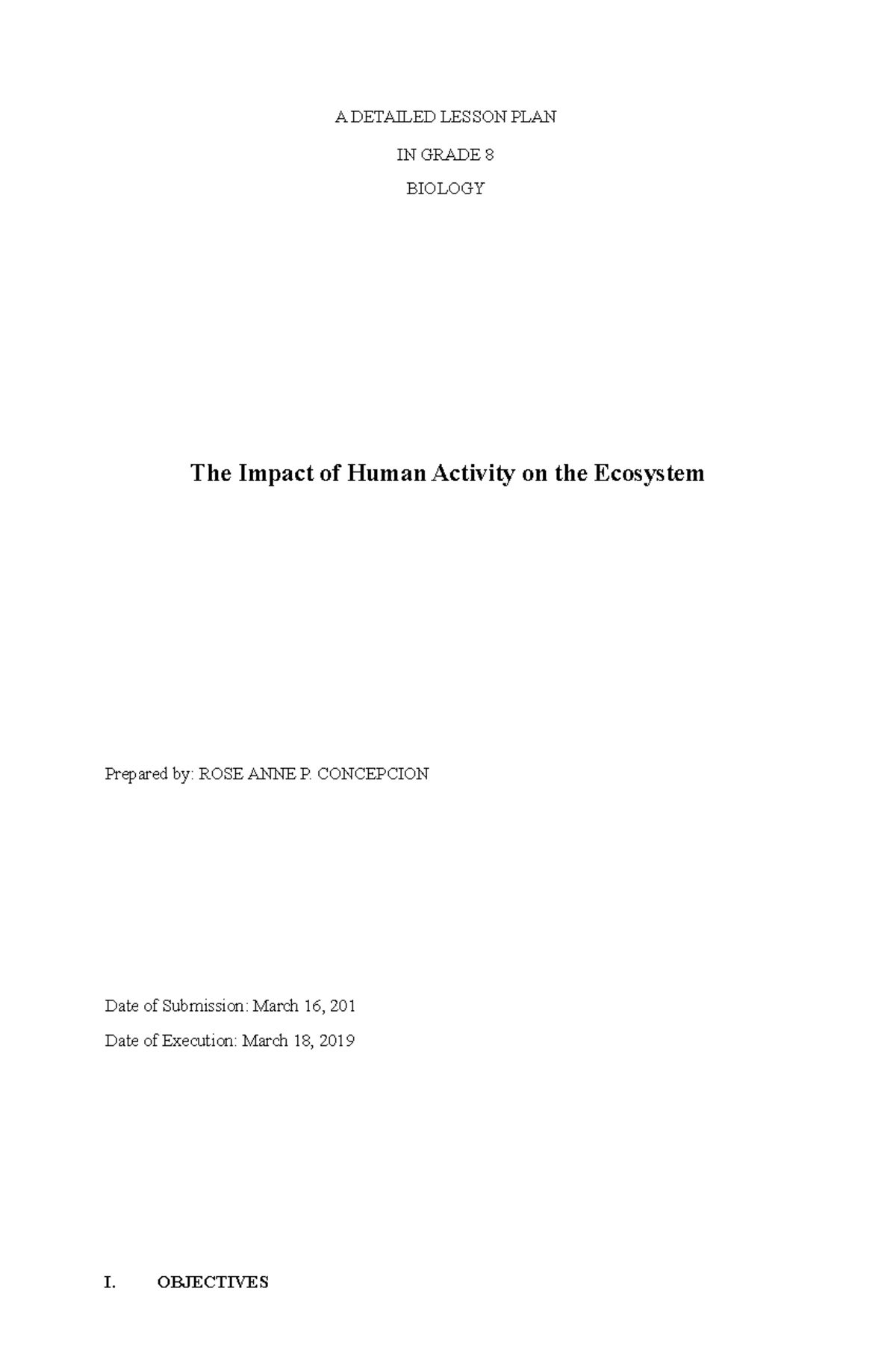 Grade 8 Biology Lesson Plan: Impact of Human Activity on Ecosystem ...