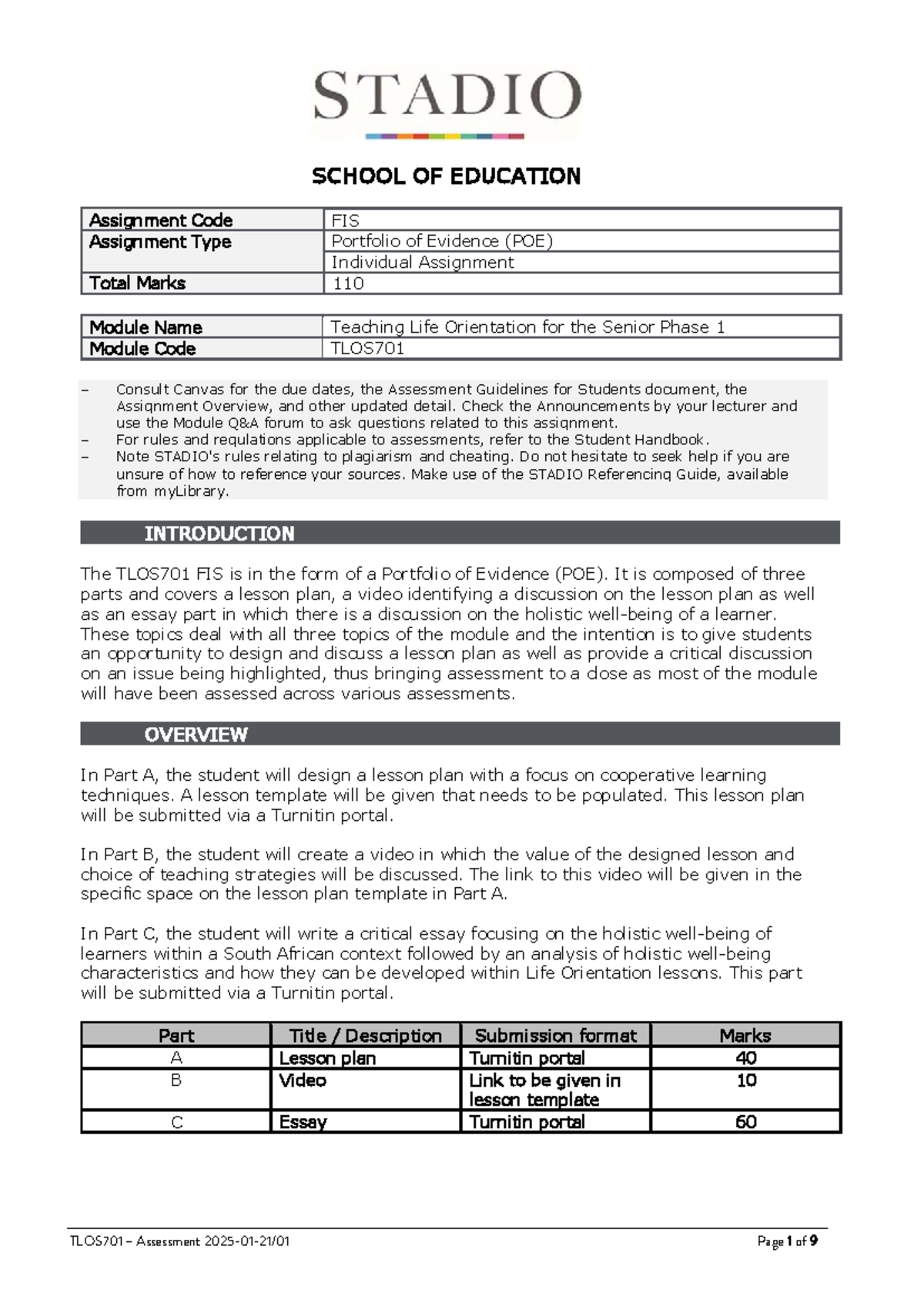 TLOS701 Portfolio of Evidence: Lesson Plan, Video, and Essay Insights ...