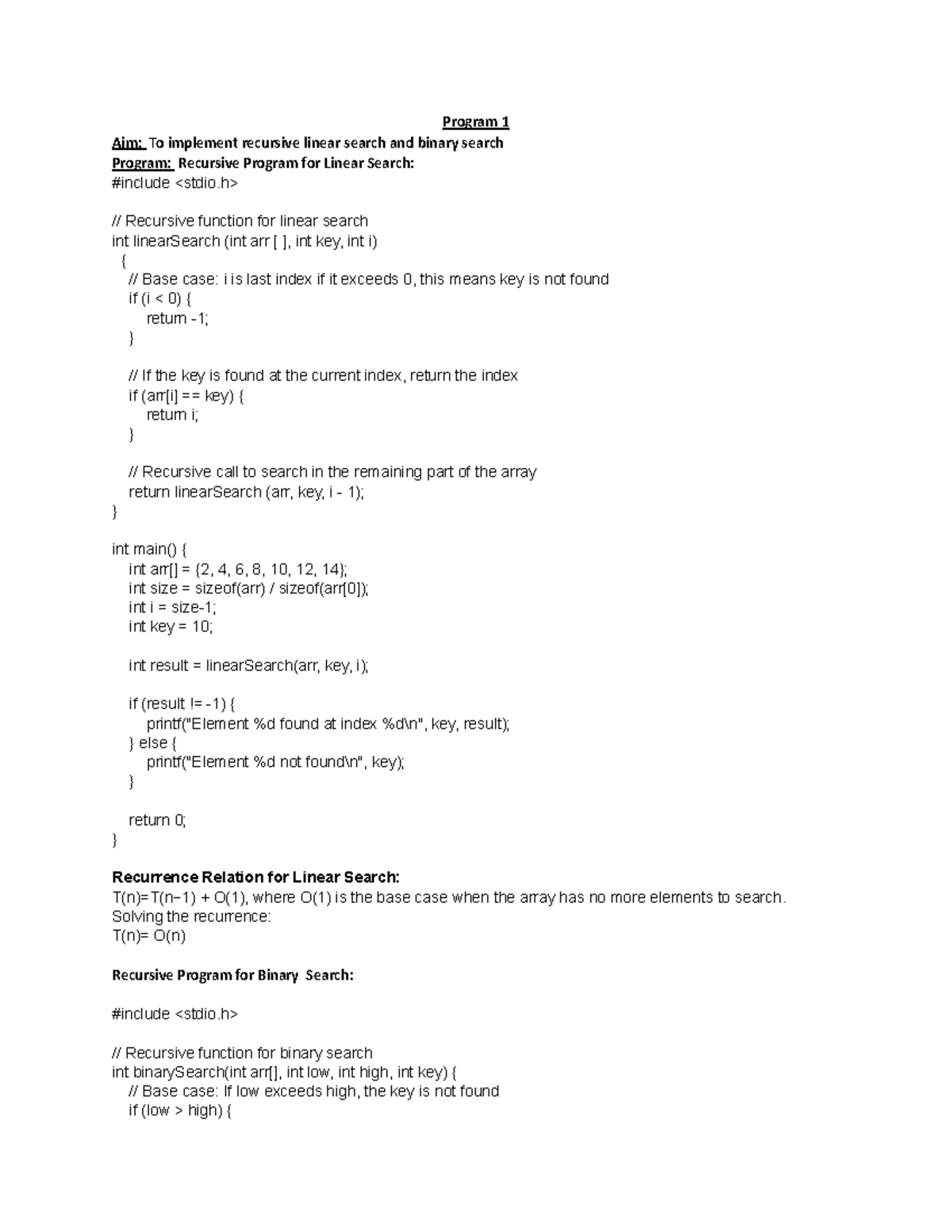 Experiments only DAA - ... - Program 1 Aim: To implement recursive linear search and binary ...