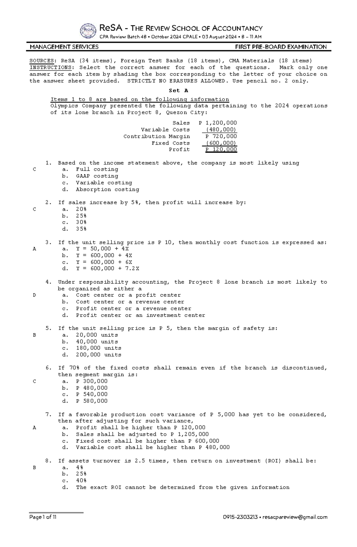 ReSA B48 CPA Review Management Services First Exam Questions & Answers ...
