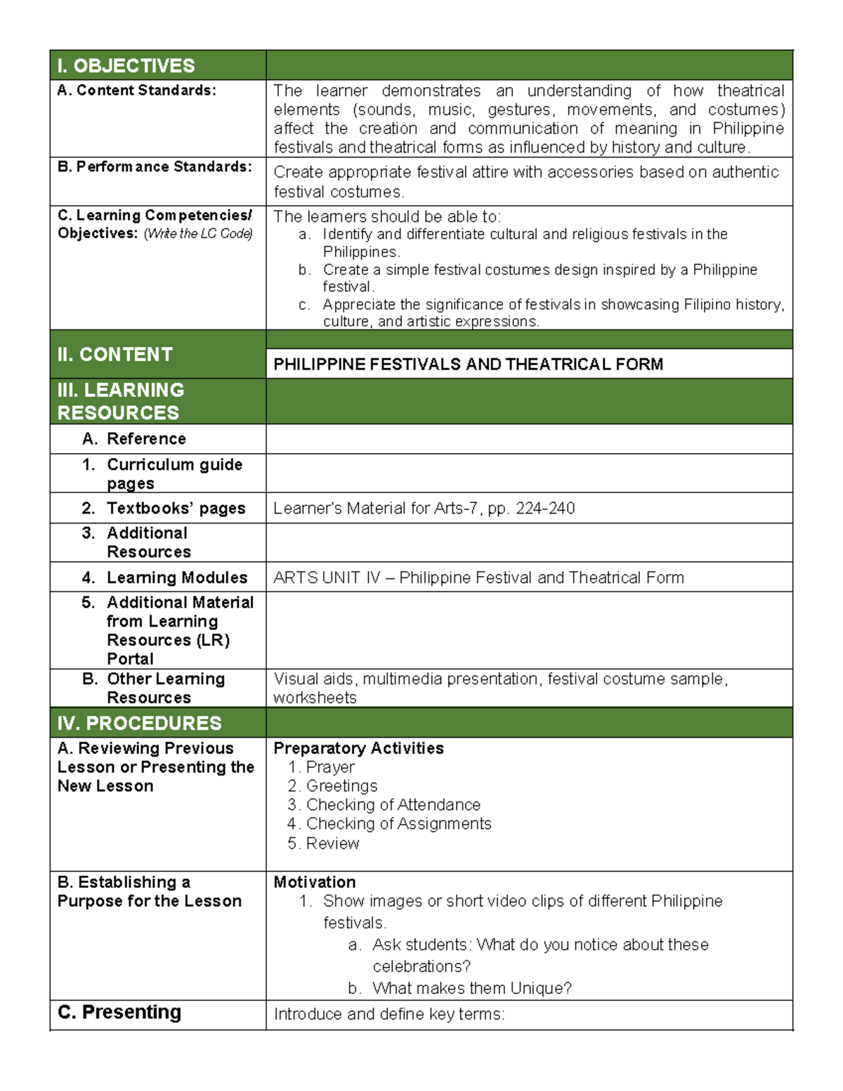 Lesson Plan for Arts 7: Philippine Festivals and Theatrical Elements ...