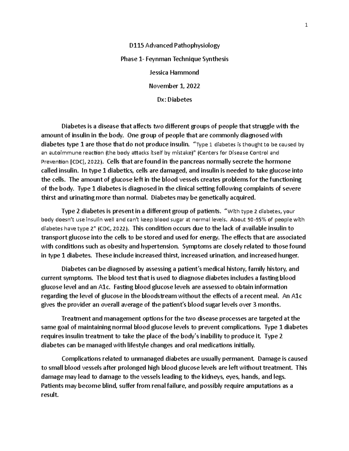 D115 Advanced Pathophysiology: Phase 1 Essay on Diabetes - Studocu