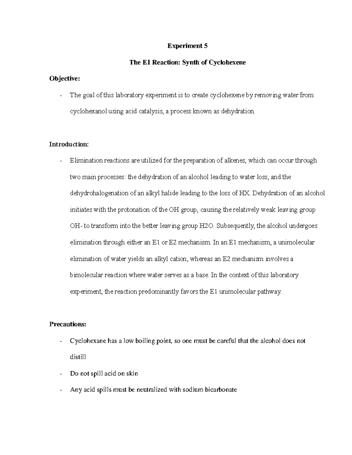 Lab Report: Experiment 5 - Synthesis of Cyclohexene via E1 Reaction - Studocu