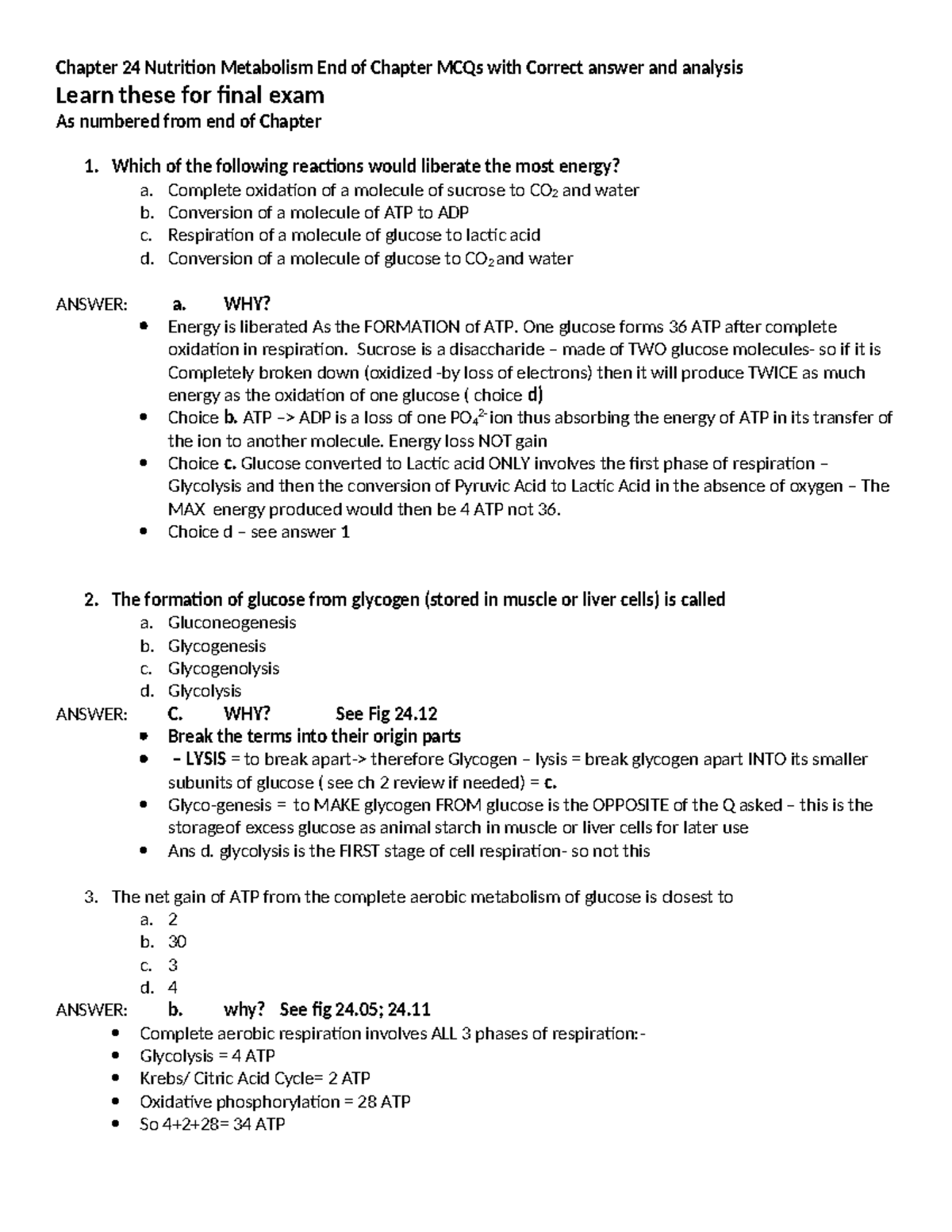 Final Exam Study Guide: Metabolism & Cellular Respiration MCQs (CH 24 ...