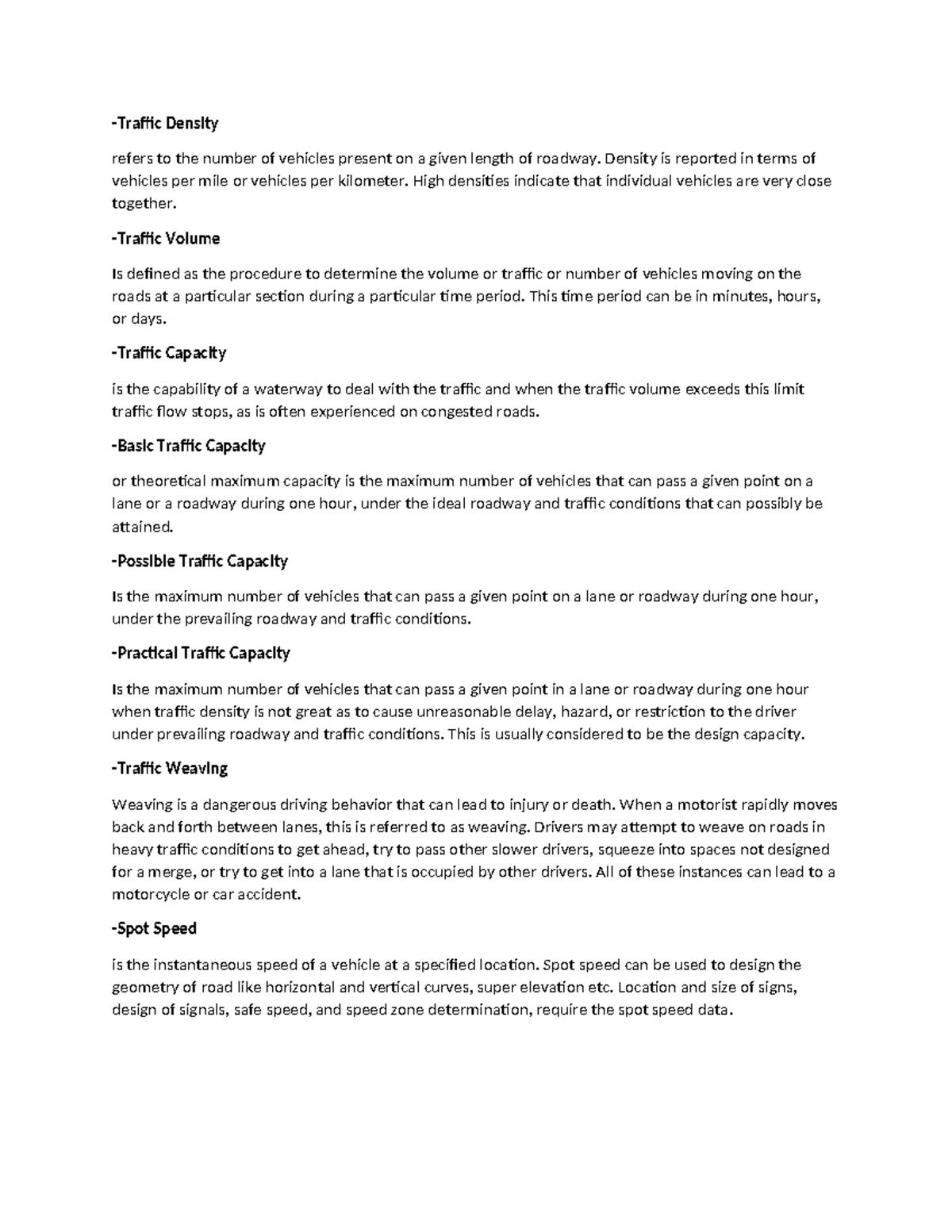 Transportation Plate 1 - Key Traffic Concepts and Notes - Studocu