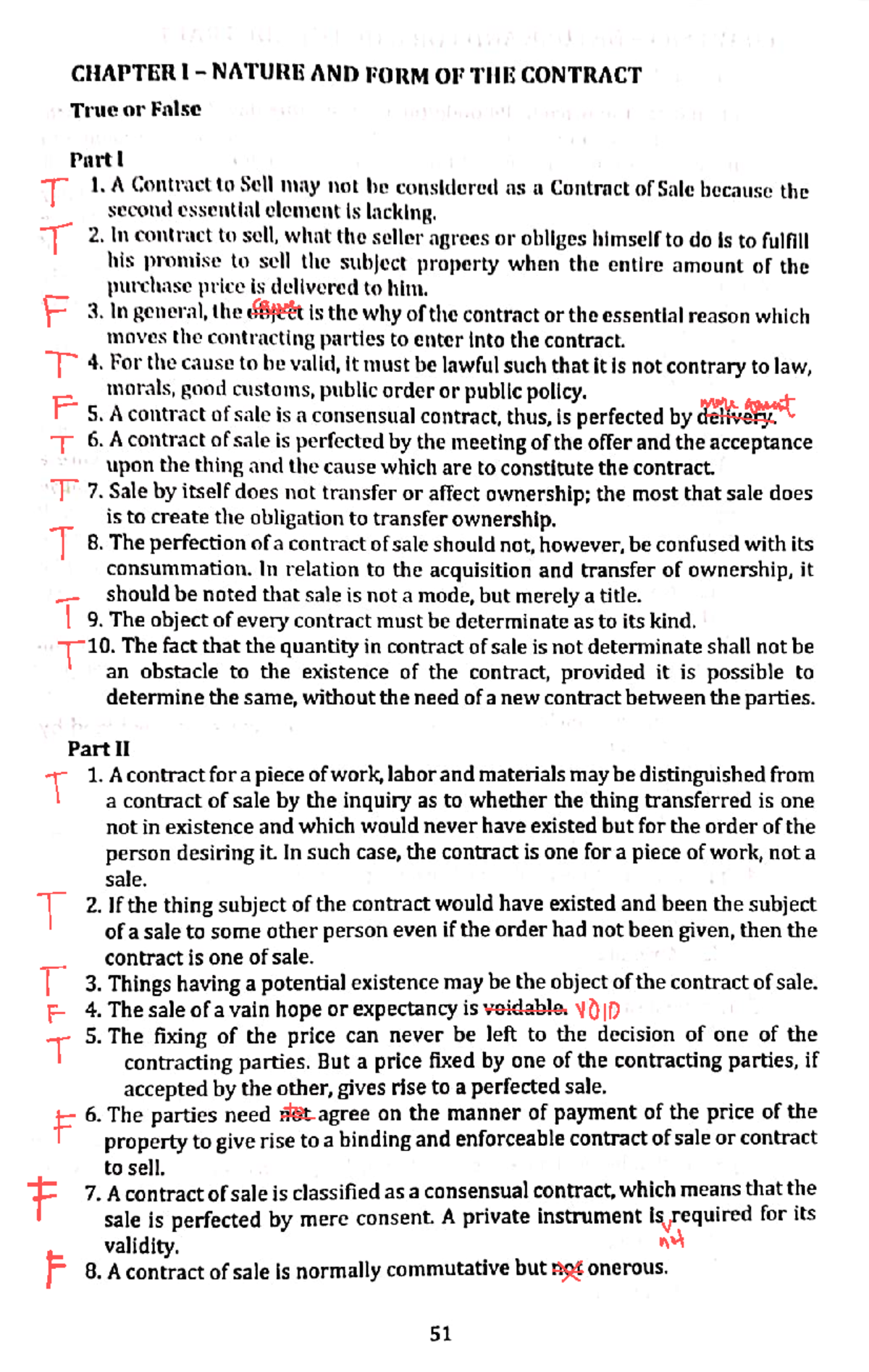 CHAPTER I NATURE AND FORM OF THE CONTRACT: True or False Answer Key ...