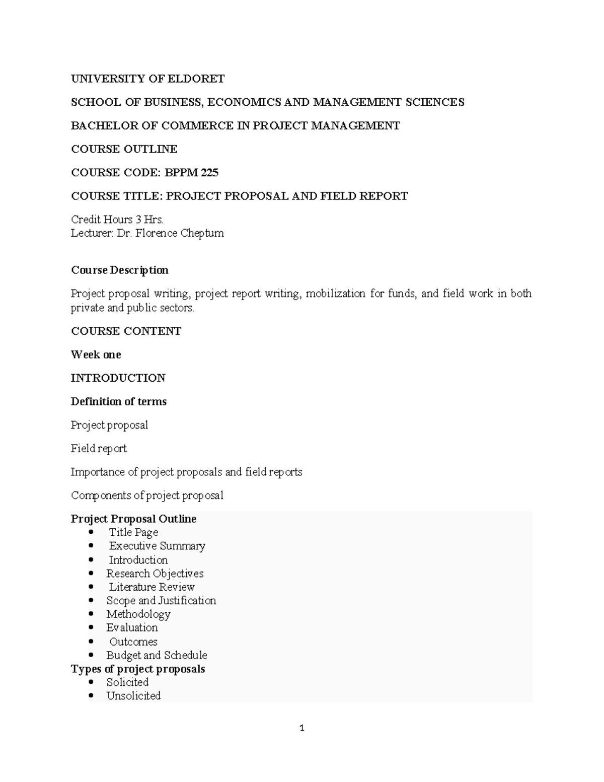 BPPM 225 - Project Proposal Writing & Field Report Lecture Notes - Studocu