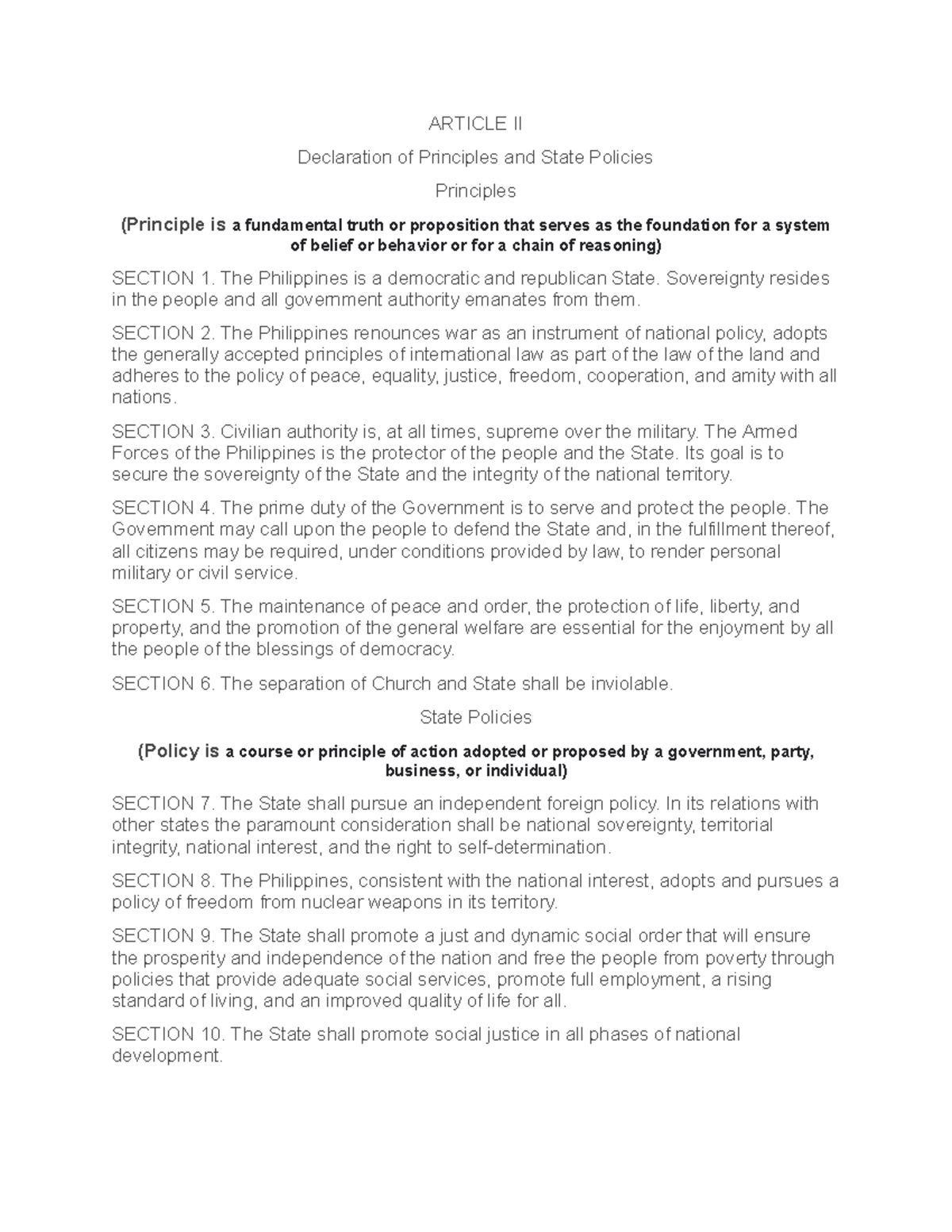 Article II: Declaration of Principles & State Policies in the ...