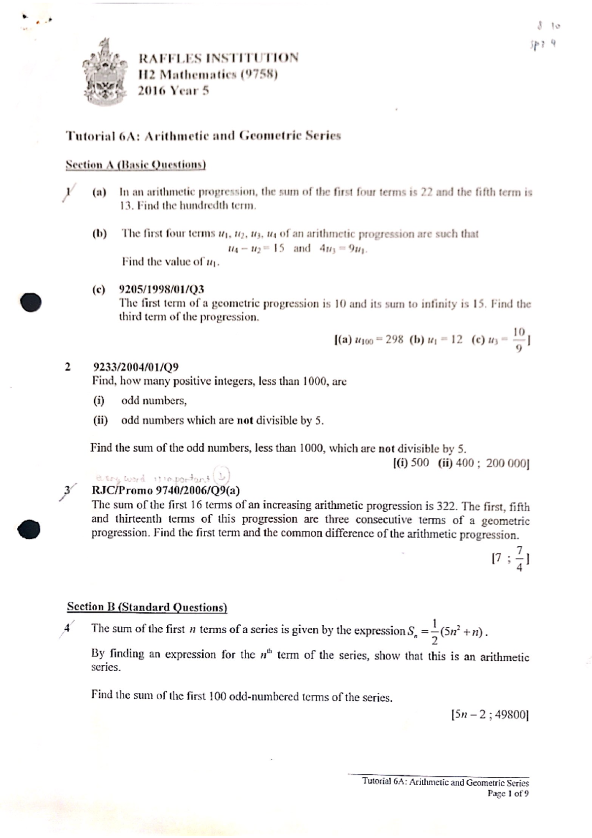 6A Arithmetic and Geometric Series Tutorial - H2 Mathematics (9758 ...
