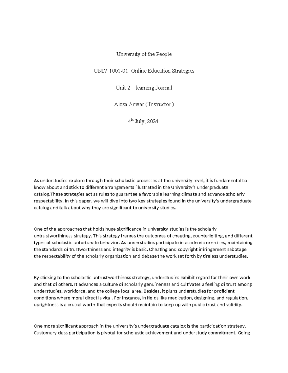 UNIV 1001-01 Unit 2: Exploring Academic Integrity & Participation ...