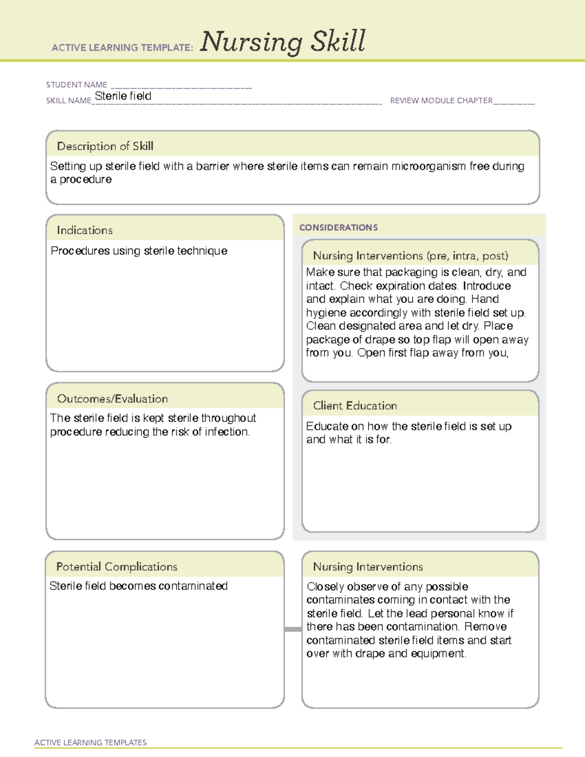 ACTIVE LEARNING TEMPLATE: Nursing Skill - Sterile Field Setup - Studocu
