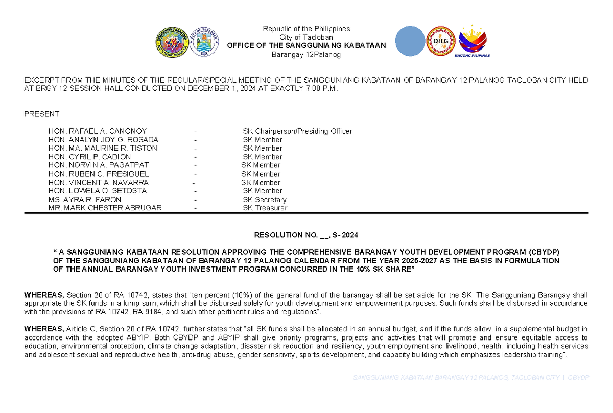SK resolution approving the comprehensive barangay youth development ...