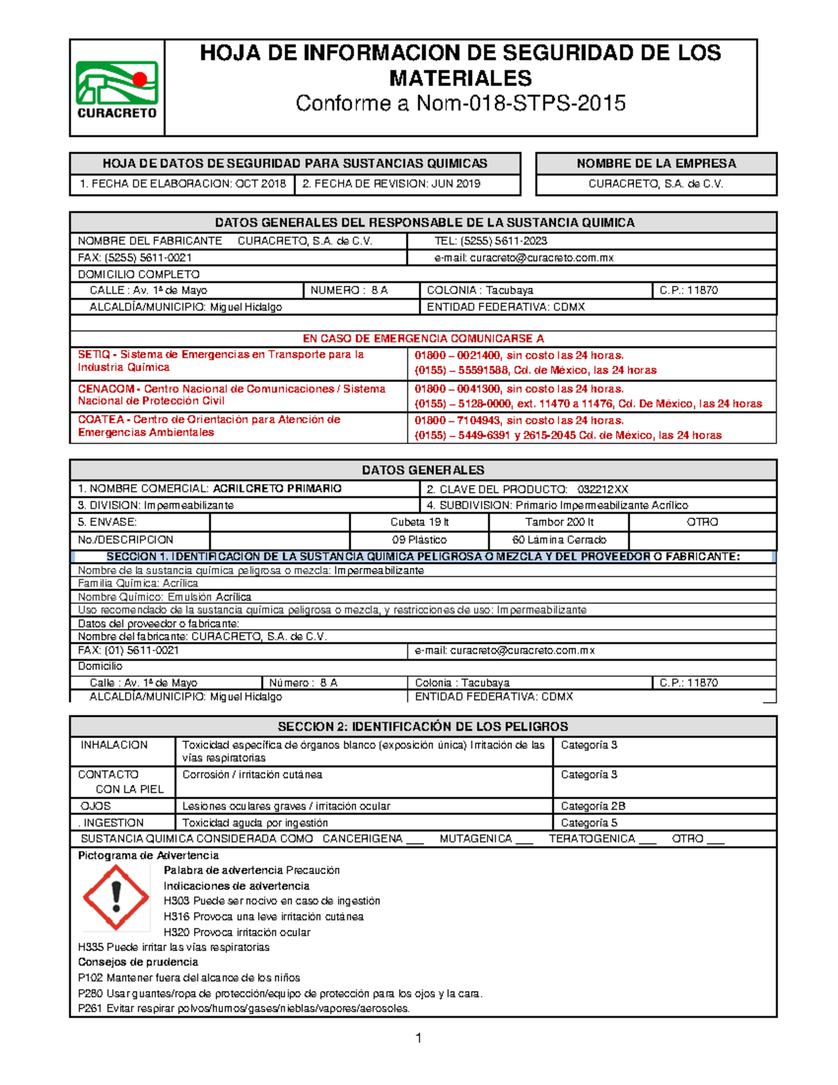 HDS Acrilcreto Primario(18) - HOJA DE INFORMACION DE SEGURIDAD DE LOS ...
