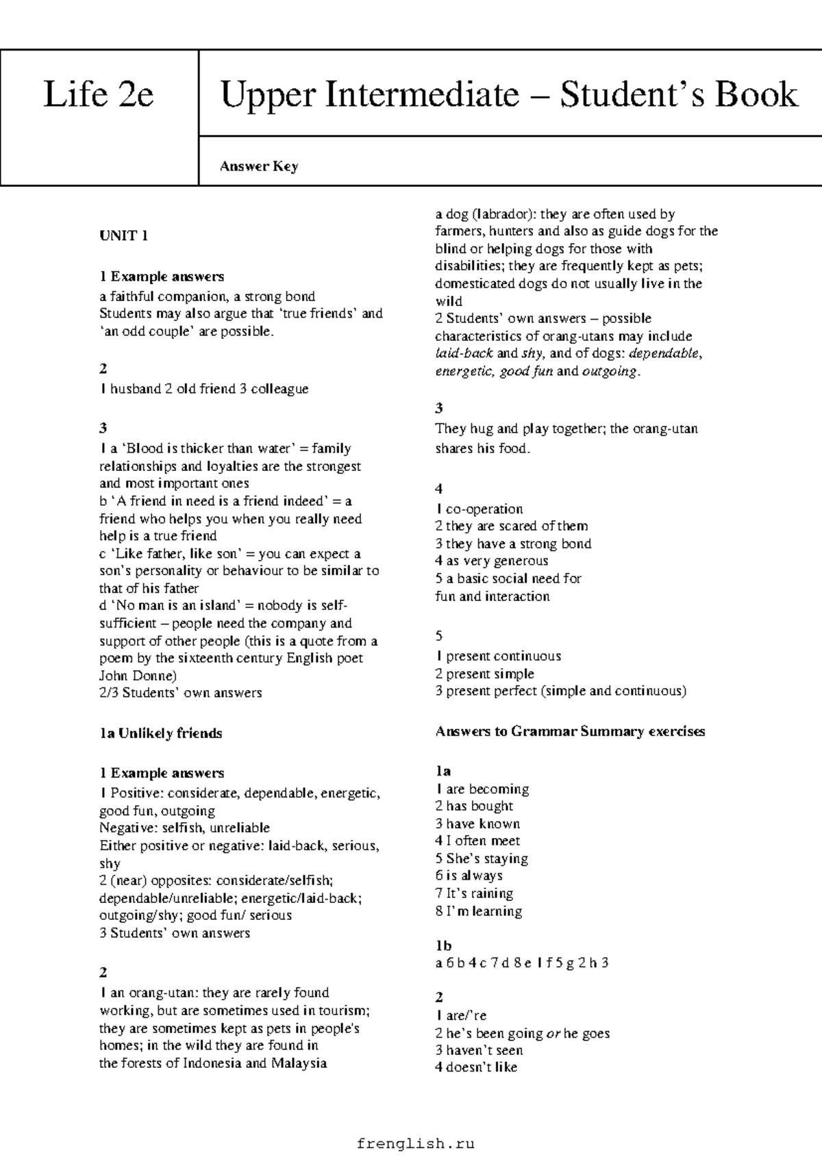Life 2ed British Upper Intermediate - Student's Book Answer Key - Studocu