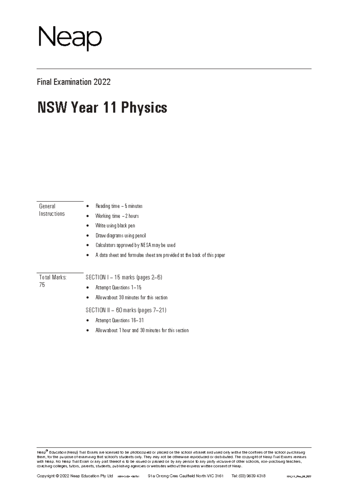 NSW Year 11 Physics Final Exam 2022 - General Instructions & Questions ...