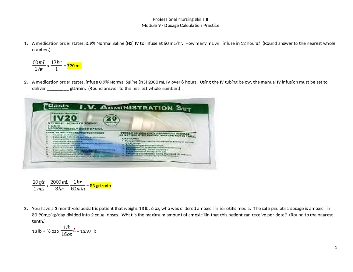 Professional Nursing Skills II: Module 9 Dosage Calculation Worksheet ...