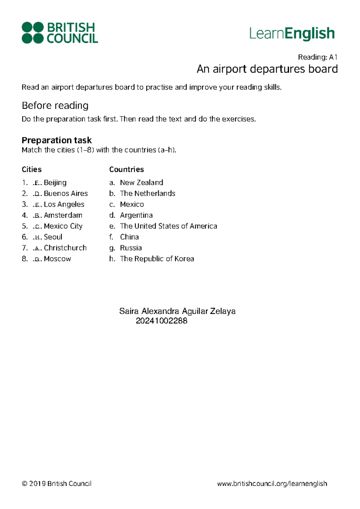 Reading: A1 Airport Departures Board Practice Exercises - Studocu