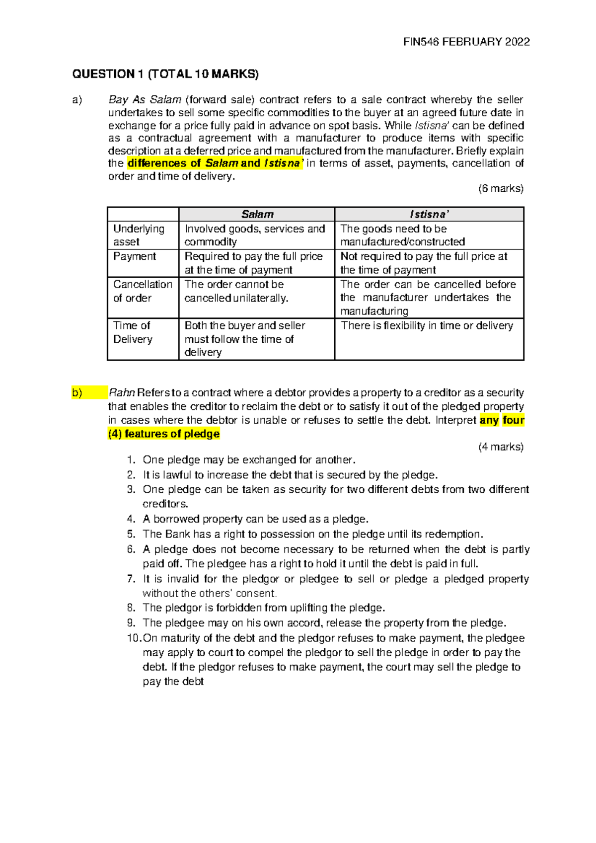FIN546 FEB 2022 Exam Answers: Salam, Pledge, and Ribawi Materials - Studocu