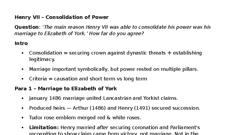 History Essay Plans: Consolidation of Power under Henry VII and Edward ...