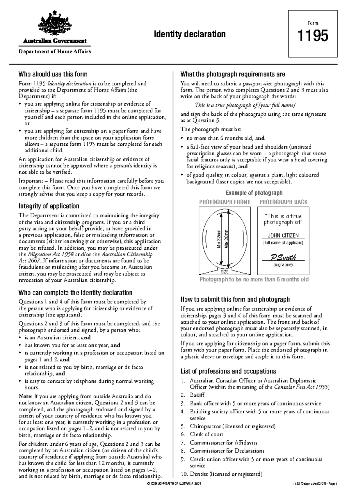 Form 1195: Identity Declaration for Australian Citizenship Applications ...