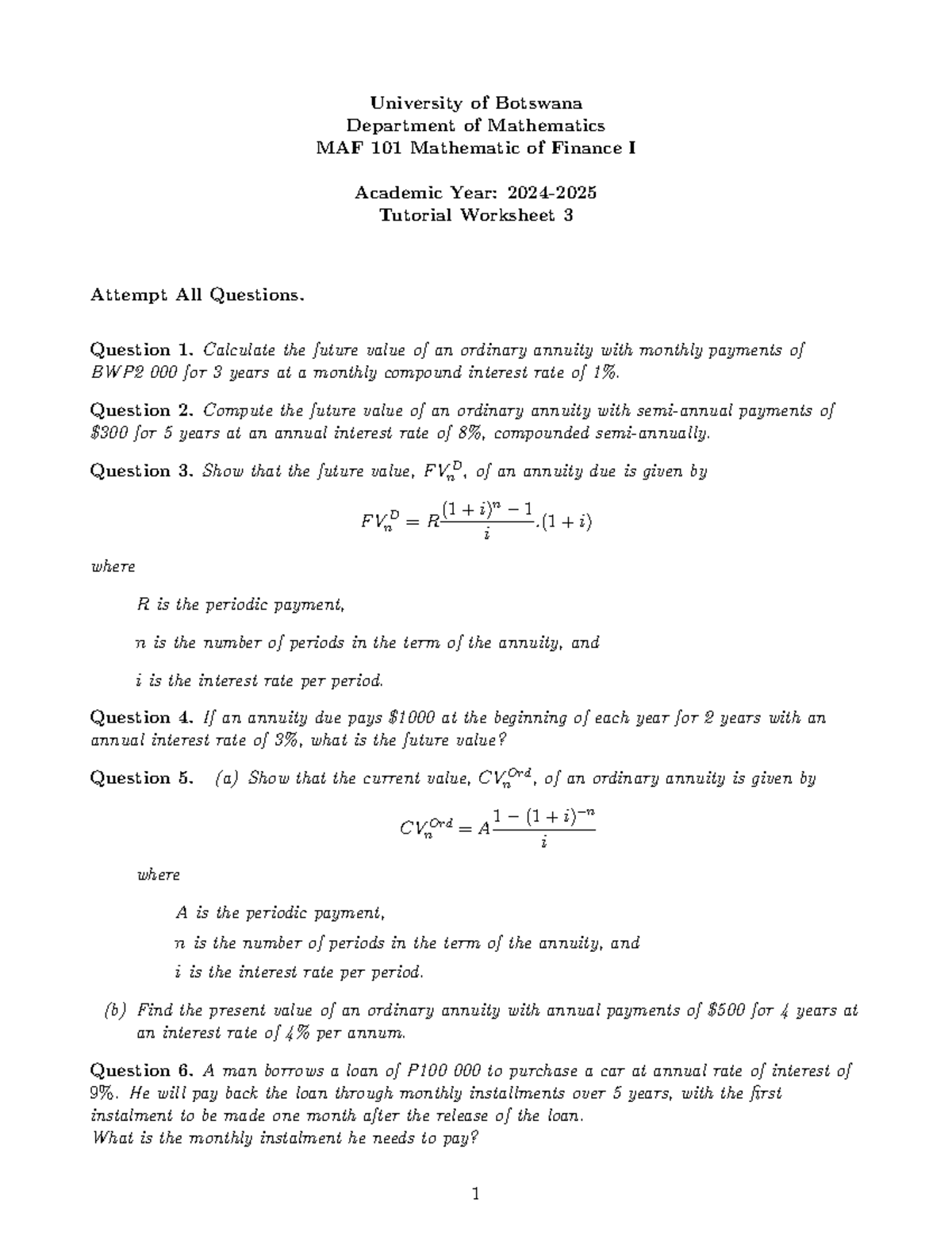 MAF 101 Tutorial Worksheet 3: Future Value of Annuities and Loans - Studocu