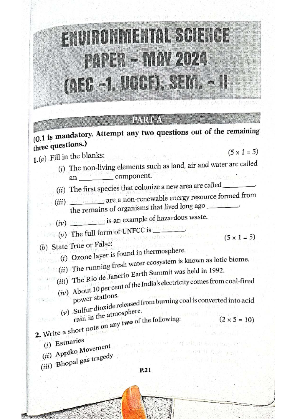 ENVIRONMENTAL SCIENCE FINAL EXAM MAY 2024 (AEC UGCF) SEM II PART A ...