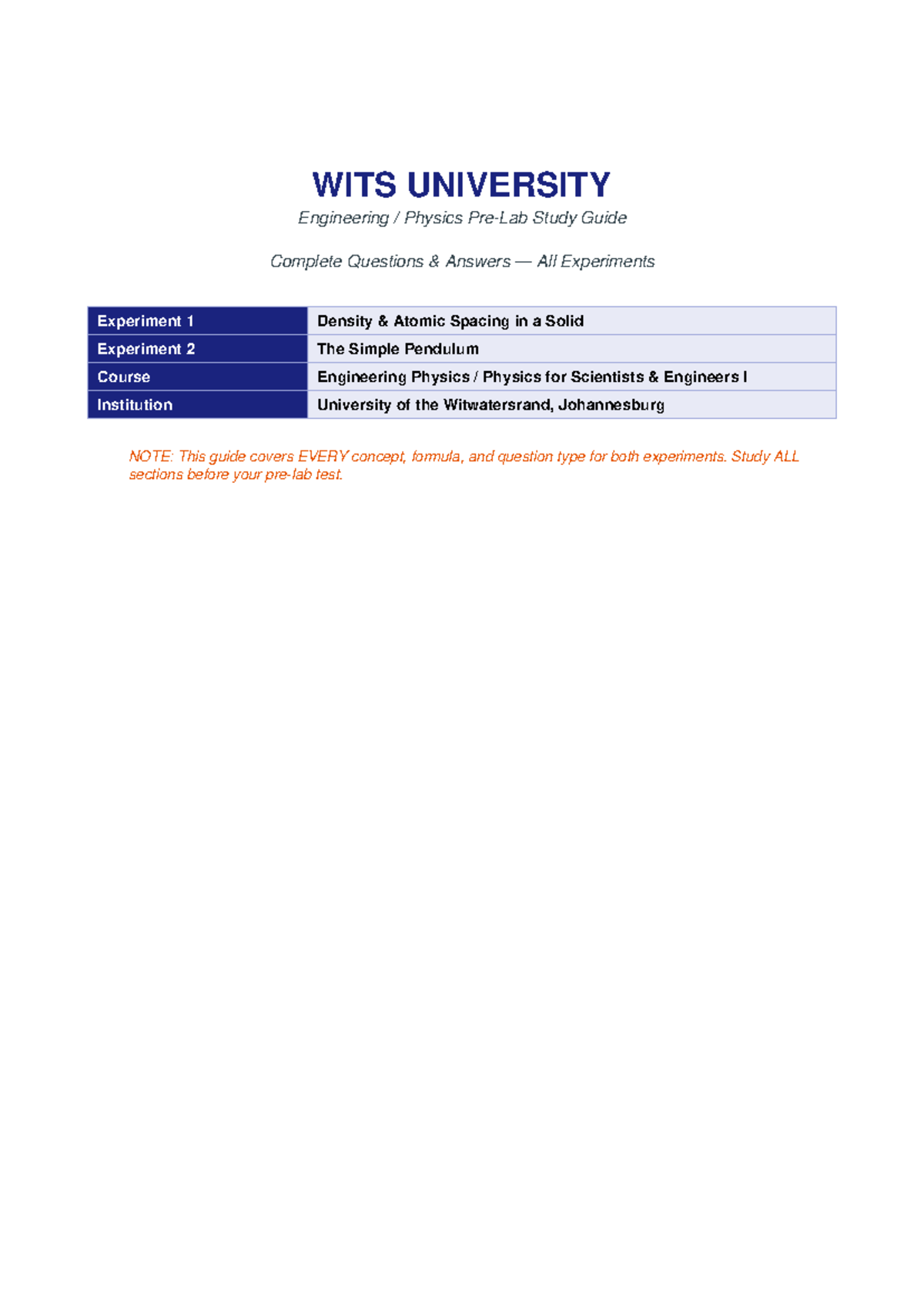 WITS ENG PHYS 1 Pre-Lab Study Guide: Density & Pendulum Experiments ...