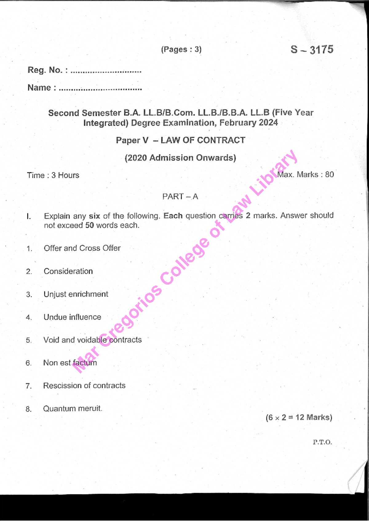 Law of Contract 2024 - previous year question paper - LLB - Mar ...