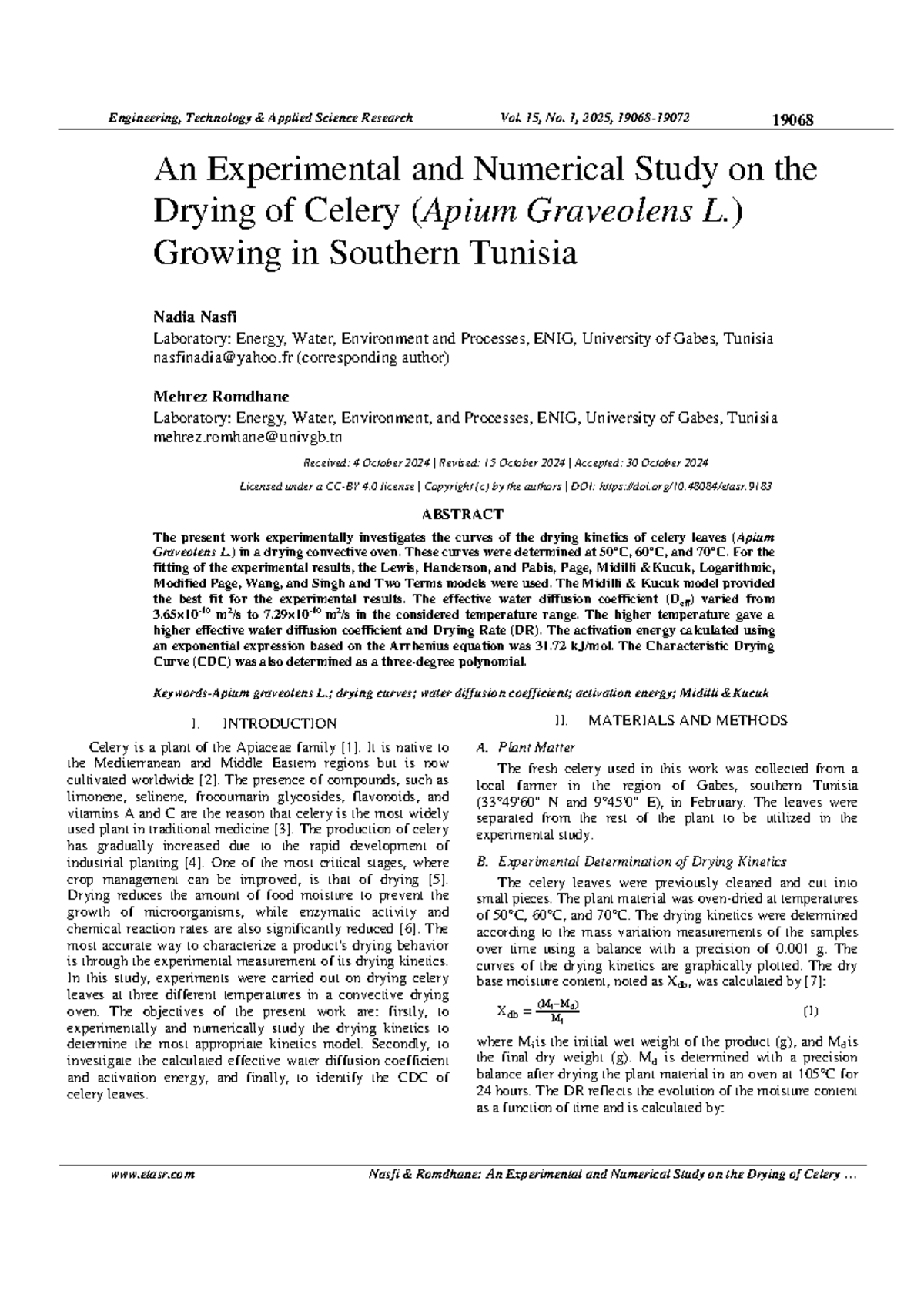 ETASR 9183: Experimental & Numerical Study on Drying Kinetics of Celery ...