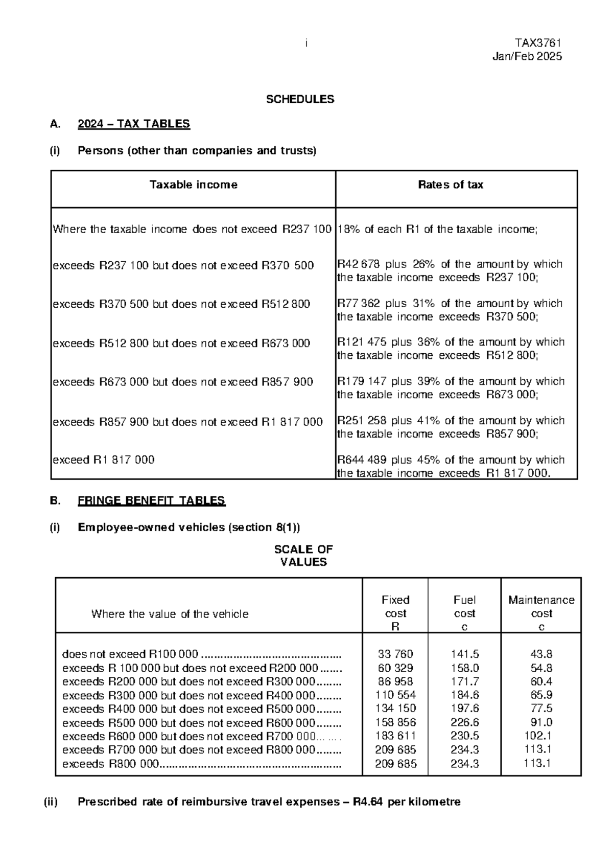 TAX3761 - 2025 Supplementary Exam Tax Schedules and Tables - Studocu