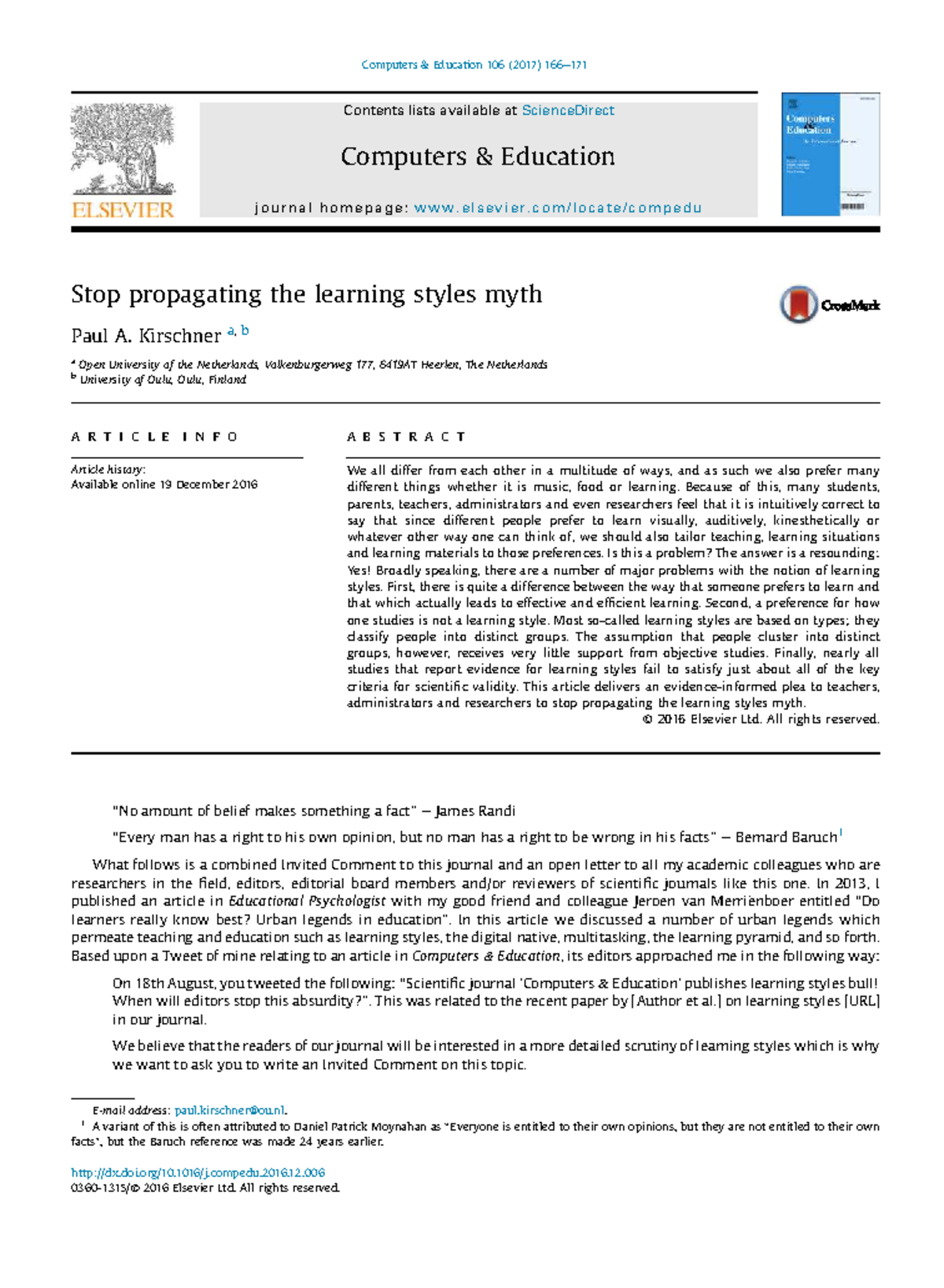 Computers Education 106: Debunking the Learning Styles Myth - Studocu