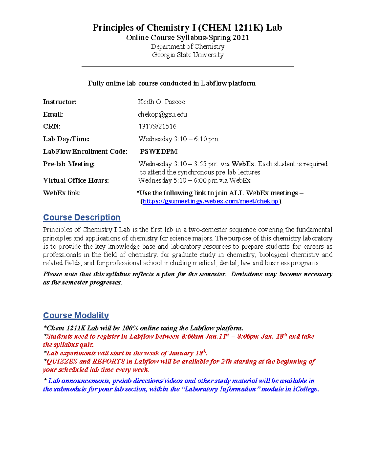 Chem 1211K Lab Syllabus - Spring 2021 (Fully Online Course) - Studocu