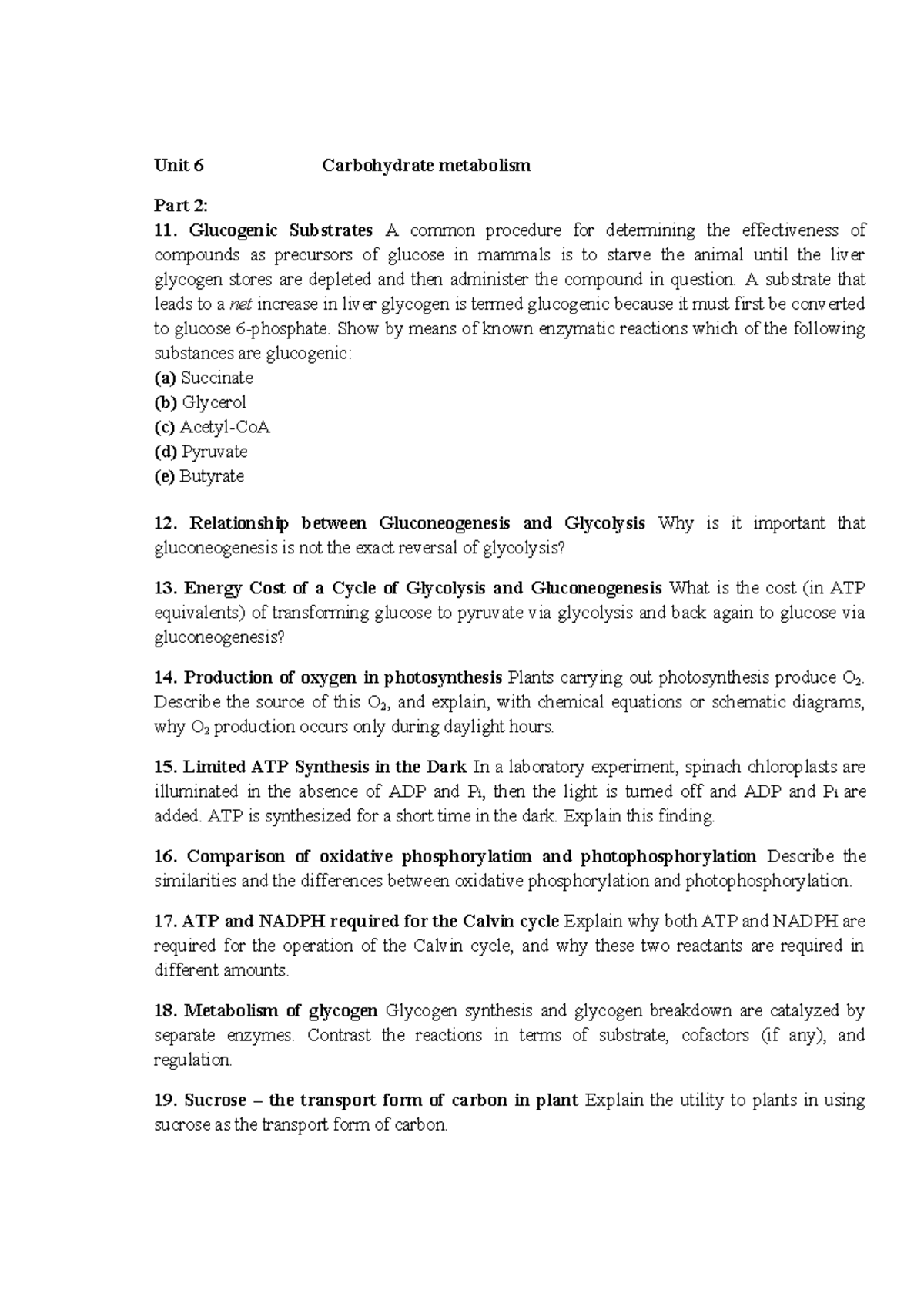 Unit 6: Carbohydrate Metabolism Part 2 - Exercises and Key Concepts ...
