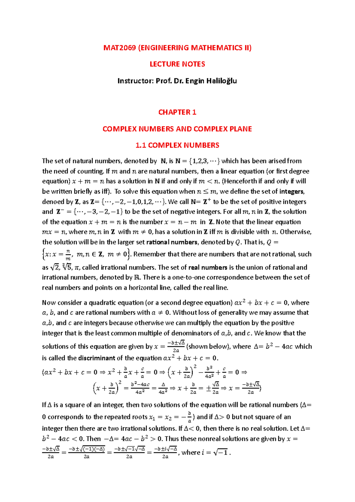 MAT2069 (ENGINEERING MATHEMATICS II) LECTURE NOTES: CHAPTER 1 - COMPLEX ...